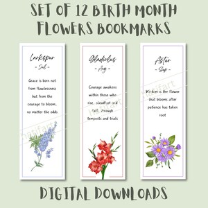 Printable Birth Month Flowers Bookmarks, Set of 12, Digital Bookmarks ...