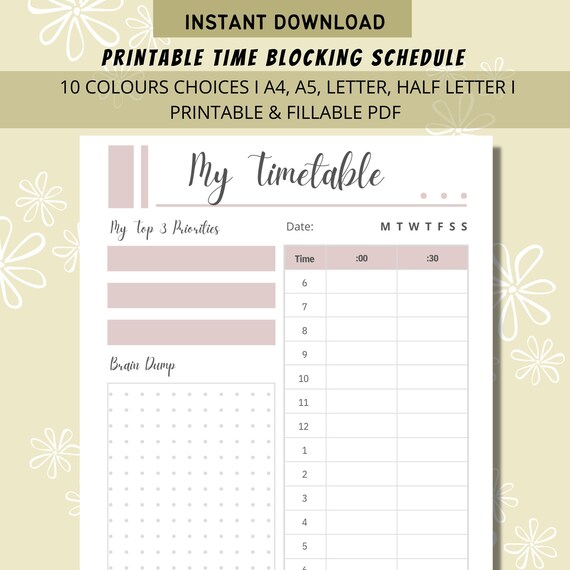 Printable Time Blocking Schedule Daily Timetable and Planner | Etsy