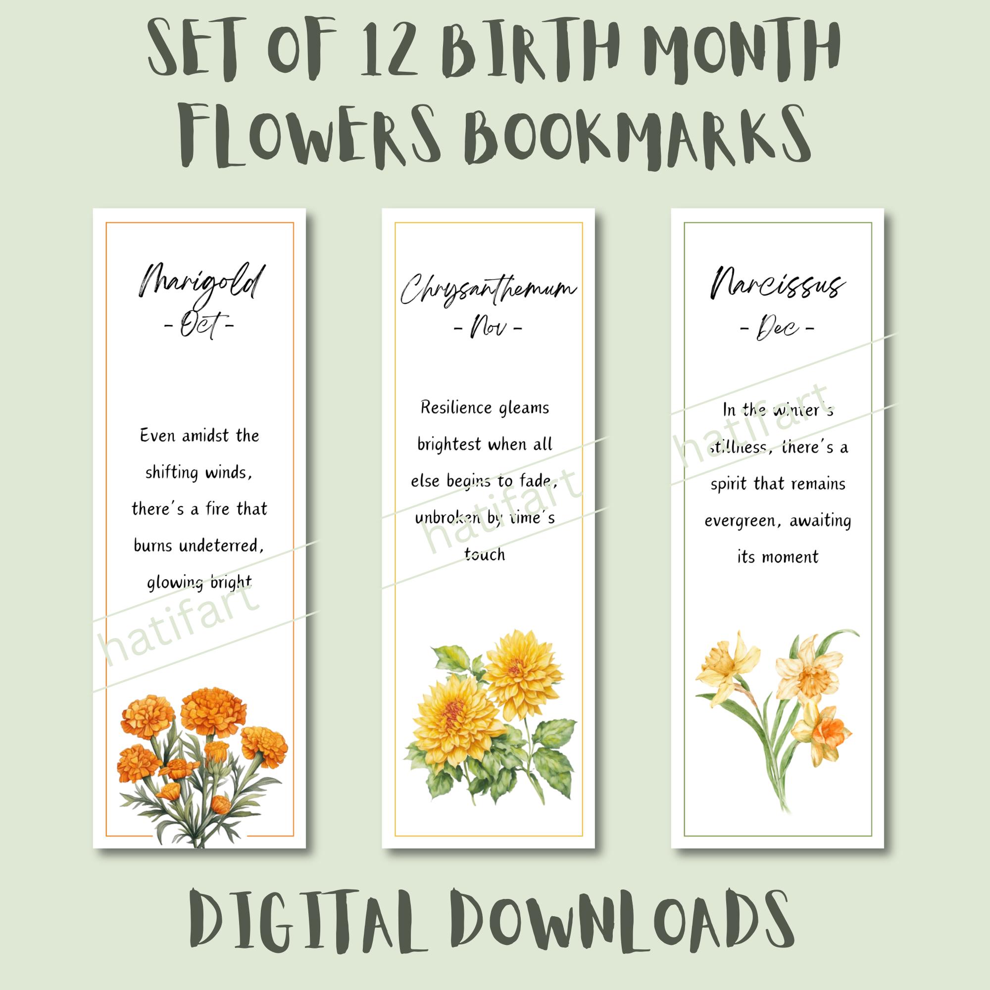 Printable Birth Month Flowers Bookmarks, Set of 12, Digital Bookmarks ...