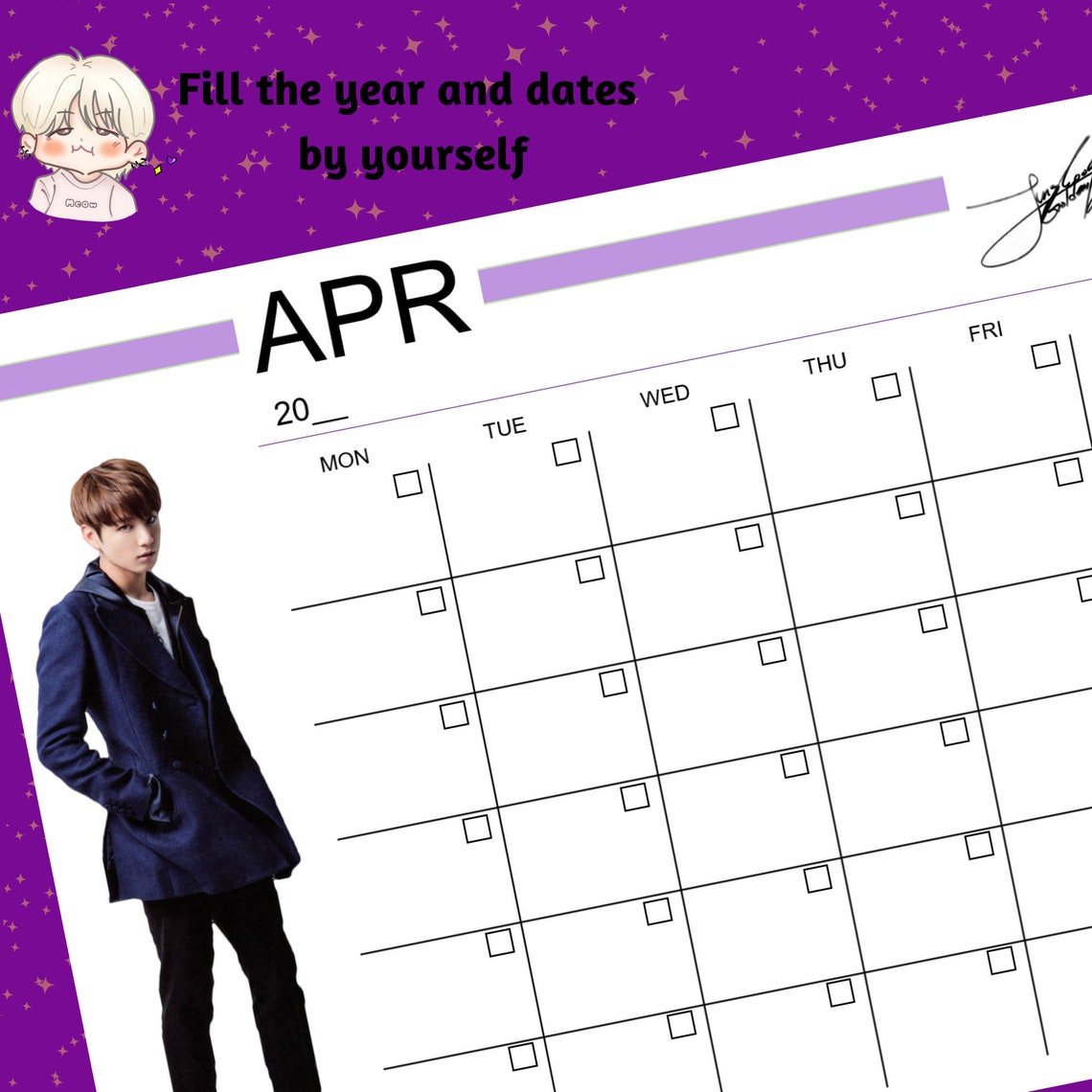 Printable BTS Blank Calendar | Landscape A4 (monday - Start) - Etsy