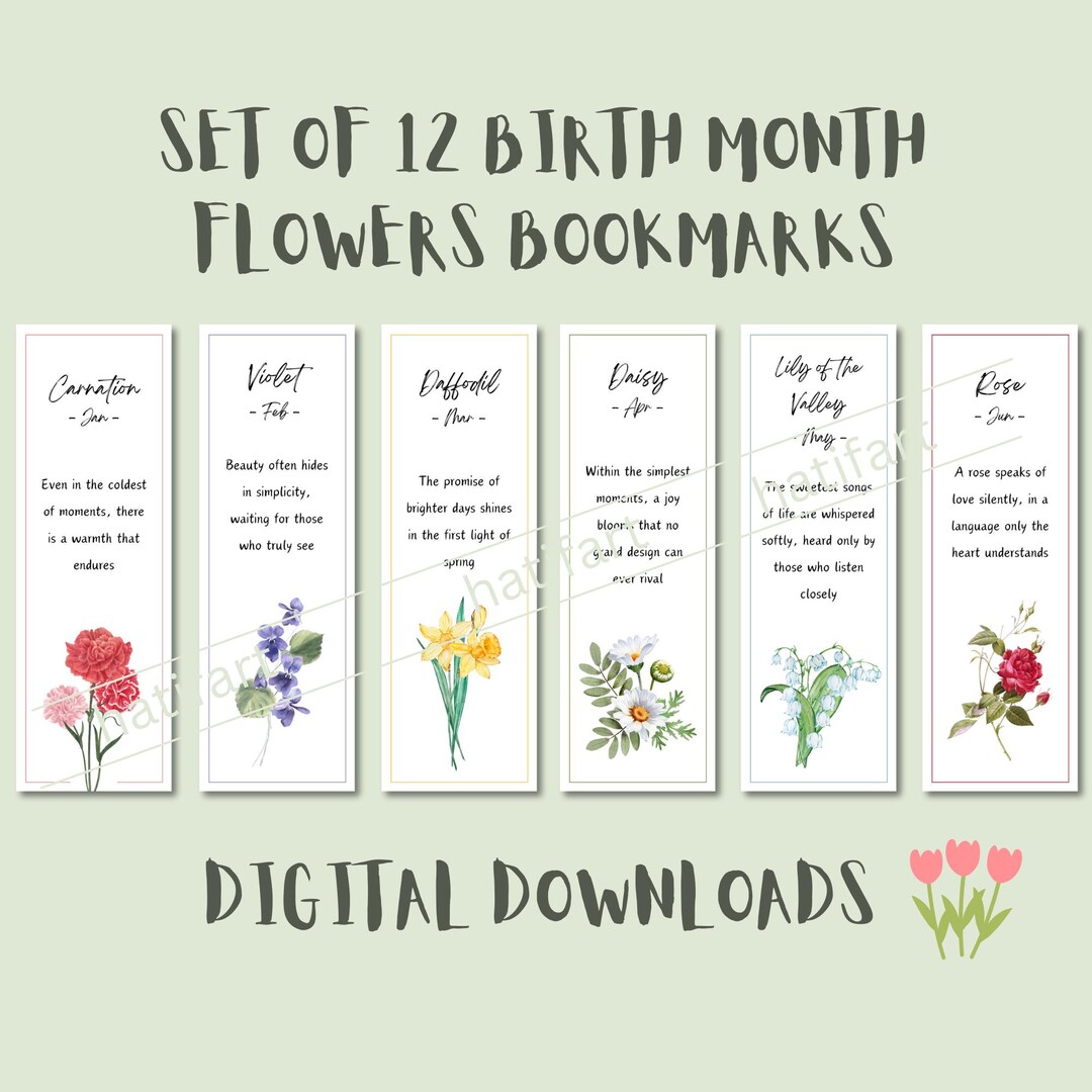Printable Birth Month Flowers Bookmarks, Set of 12, Digital Bookmarks ...