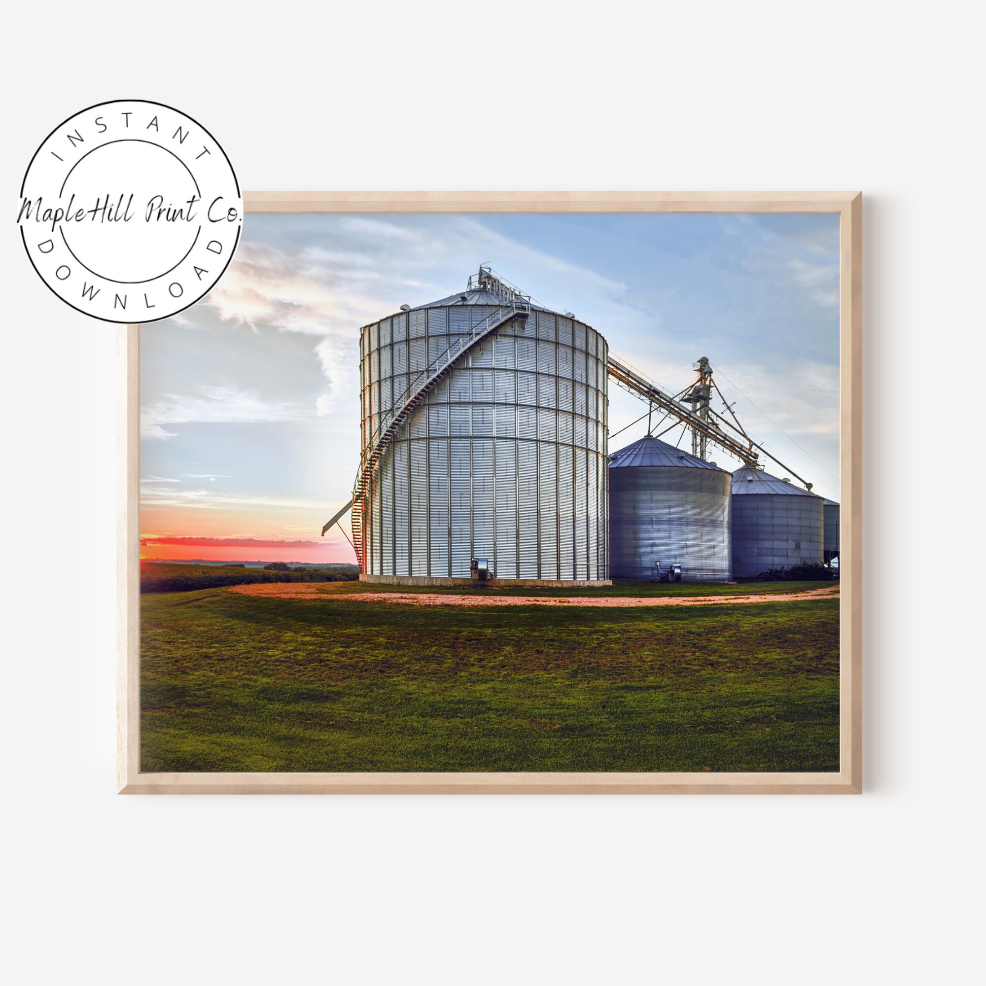 Western Farmhouse Grain Silo Wall Art Print Sunset Farm Landscape ...