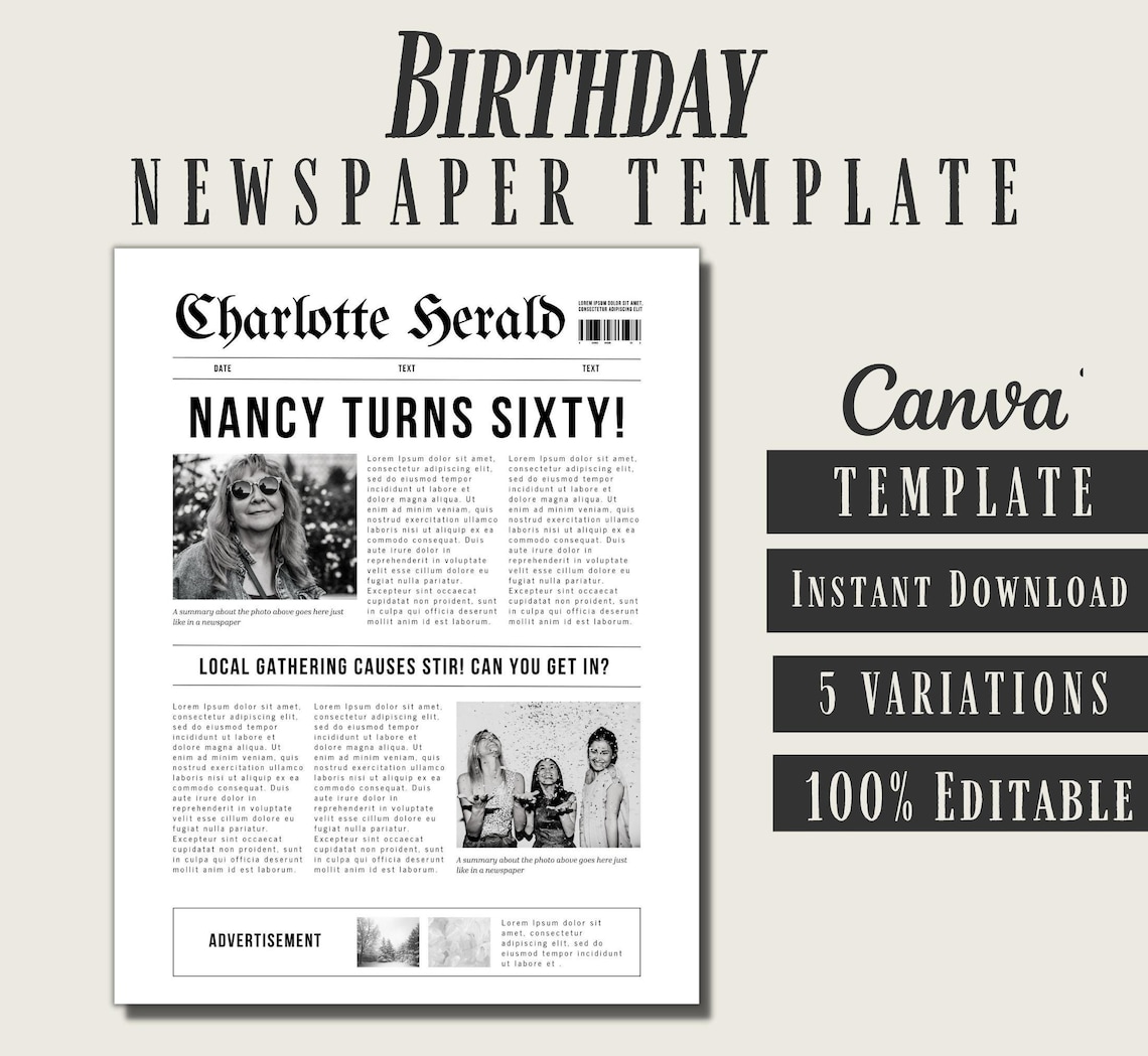Instant Download Newspaper Template Newspaper Birthday Printable ...