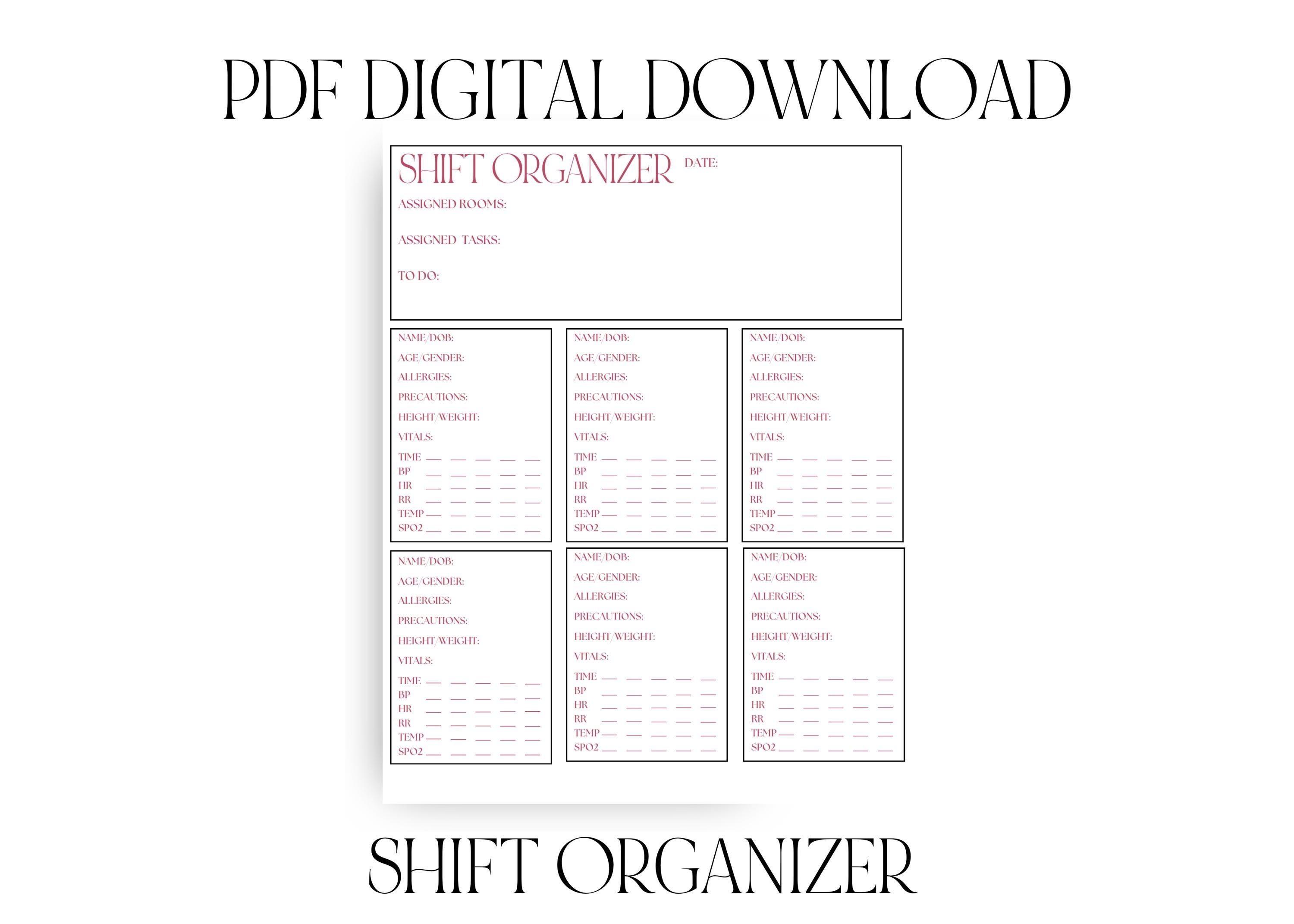 Vitals Log, Nurse Shift Organizer, CNA Shift Organizer, Shift Planning ...