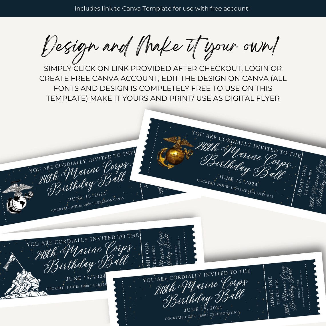 Marine Corps Ball Military Ball Ticket Template MC Birthday Ball ...