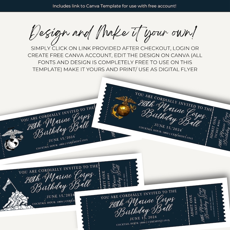 Marine Corps Ball Military Ball Ticket Template MC Birthday Ball ...