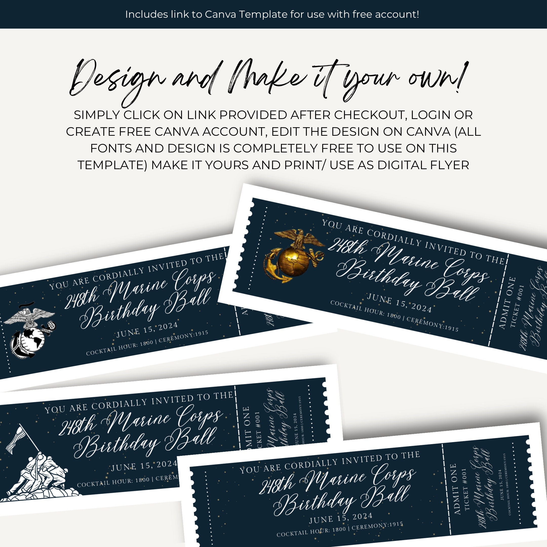 Marine Corps Ball Military Ball Ticket Template MC Birthday Ball ...