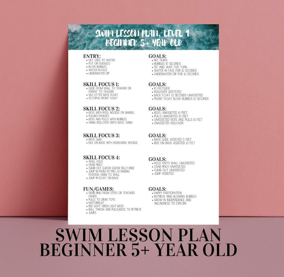 Swim Lesson Checklist DIGITAL Lesson Plan Beginner Level 1 Swimming 5 ...