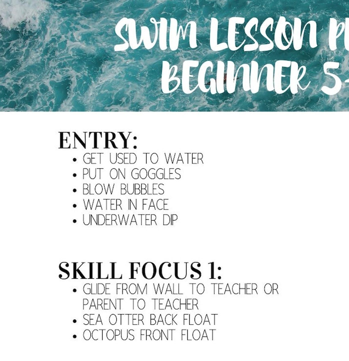 Swim Lesson Checklist DIGITAL Lesson Plan Beginner Level 1 Swimming 5 ...