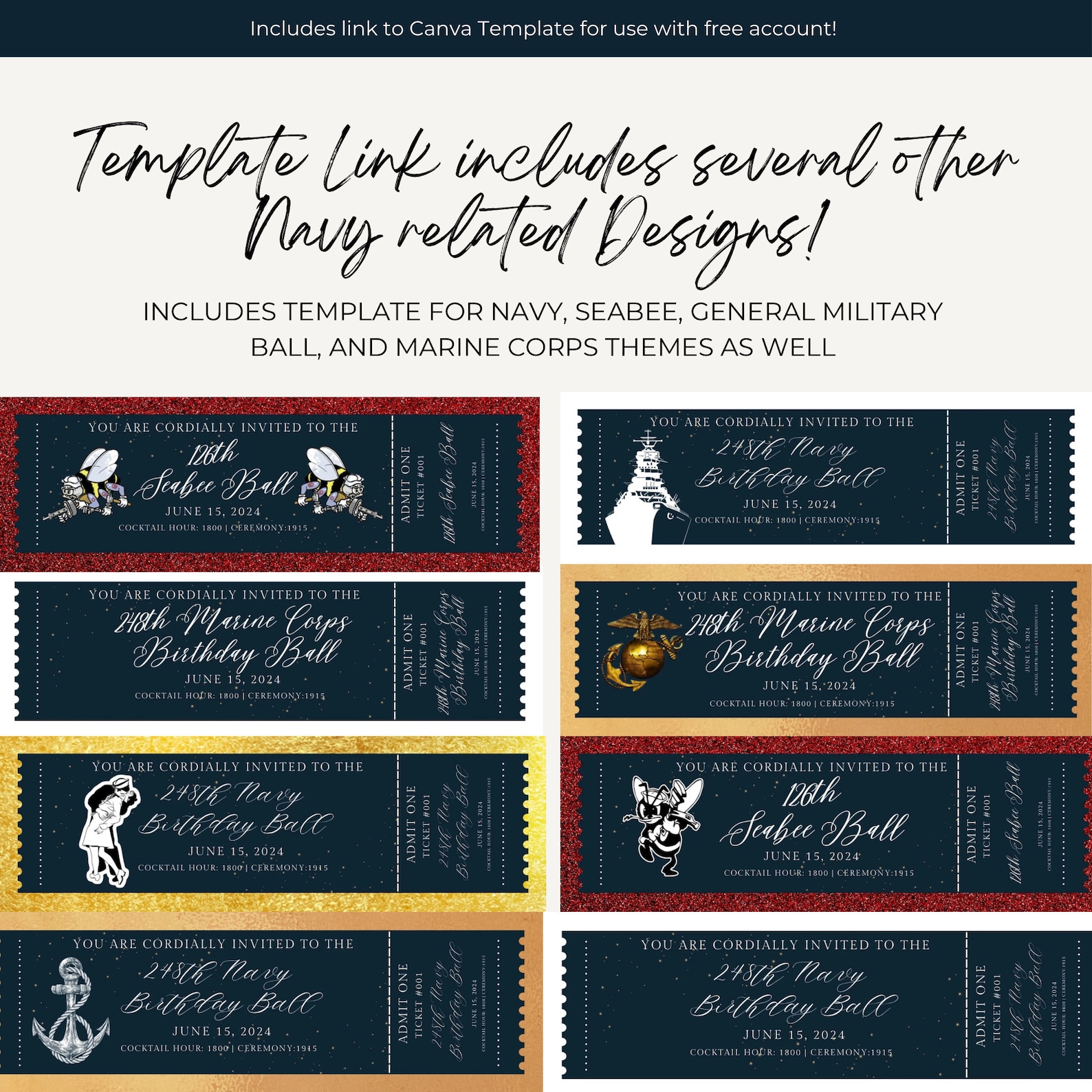 Navy Ball Ticket Template Mil Ball Corpsman HM MA Canva Editable Ball ...