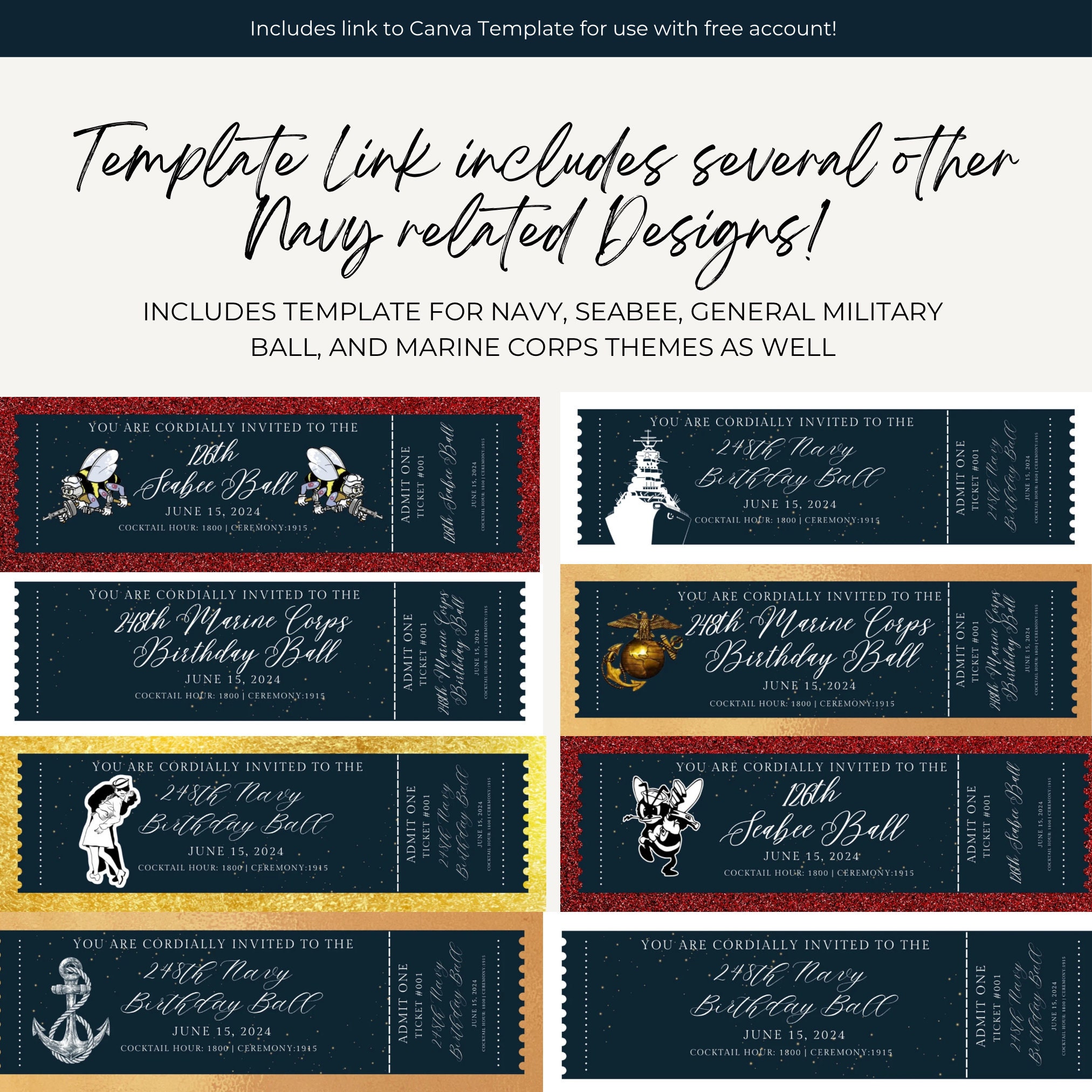 Navy Ball Ticket Template Mil Ball Corpsman HM MA Canva Editable Ball ...
