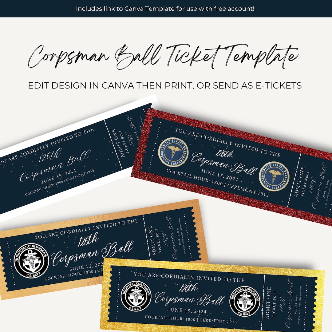 Corpsman Ball Ticket Template Military Ball Blue and Gold Navy Tickets ...
