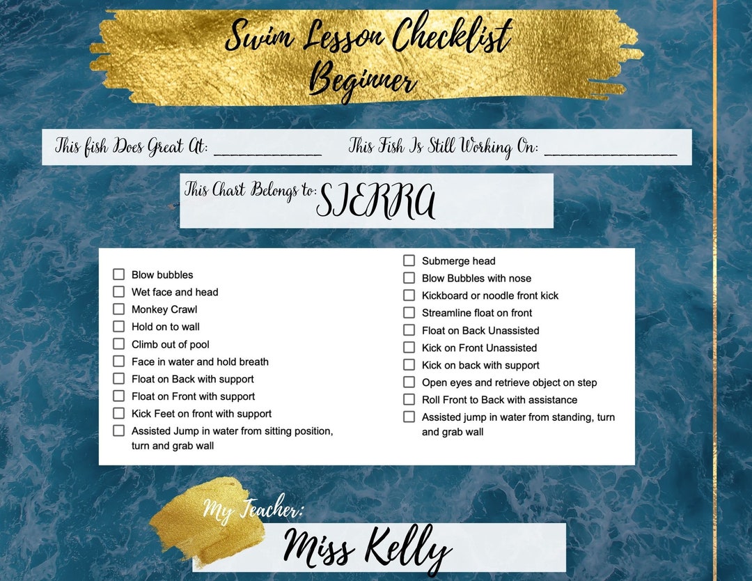 Swim Lesson Checklist Beginner Checkboxes Swimming Certificate Lessons ...