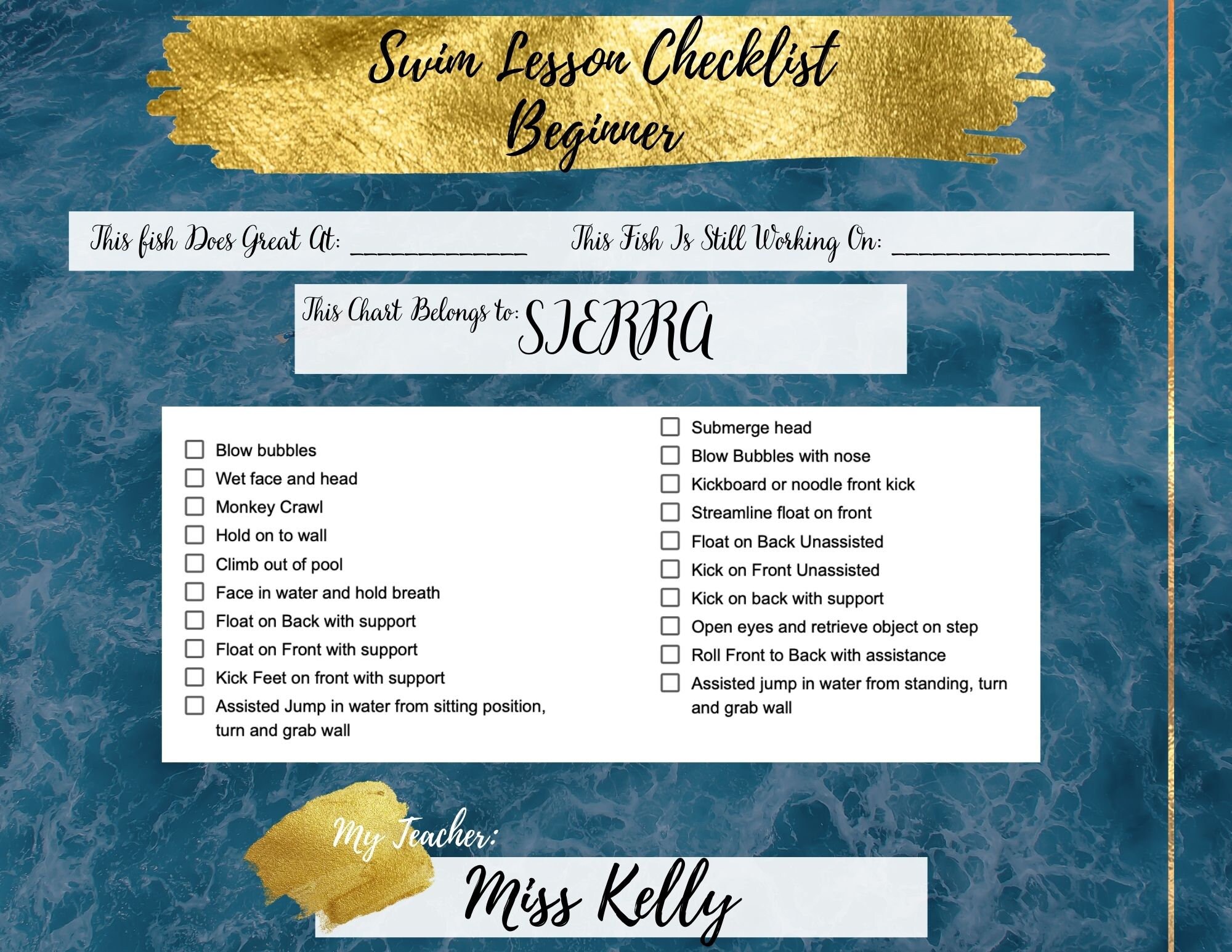 Swim Lesson Checklist Beginner Checkboxes Swimming Certificate Lessons ...