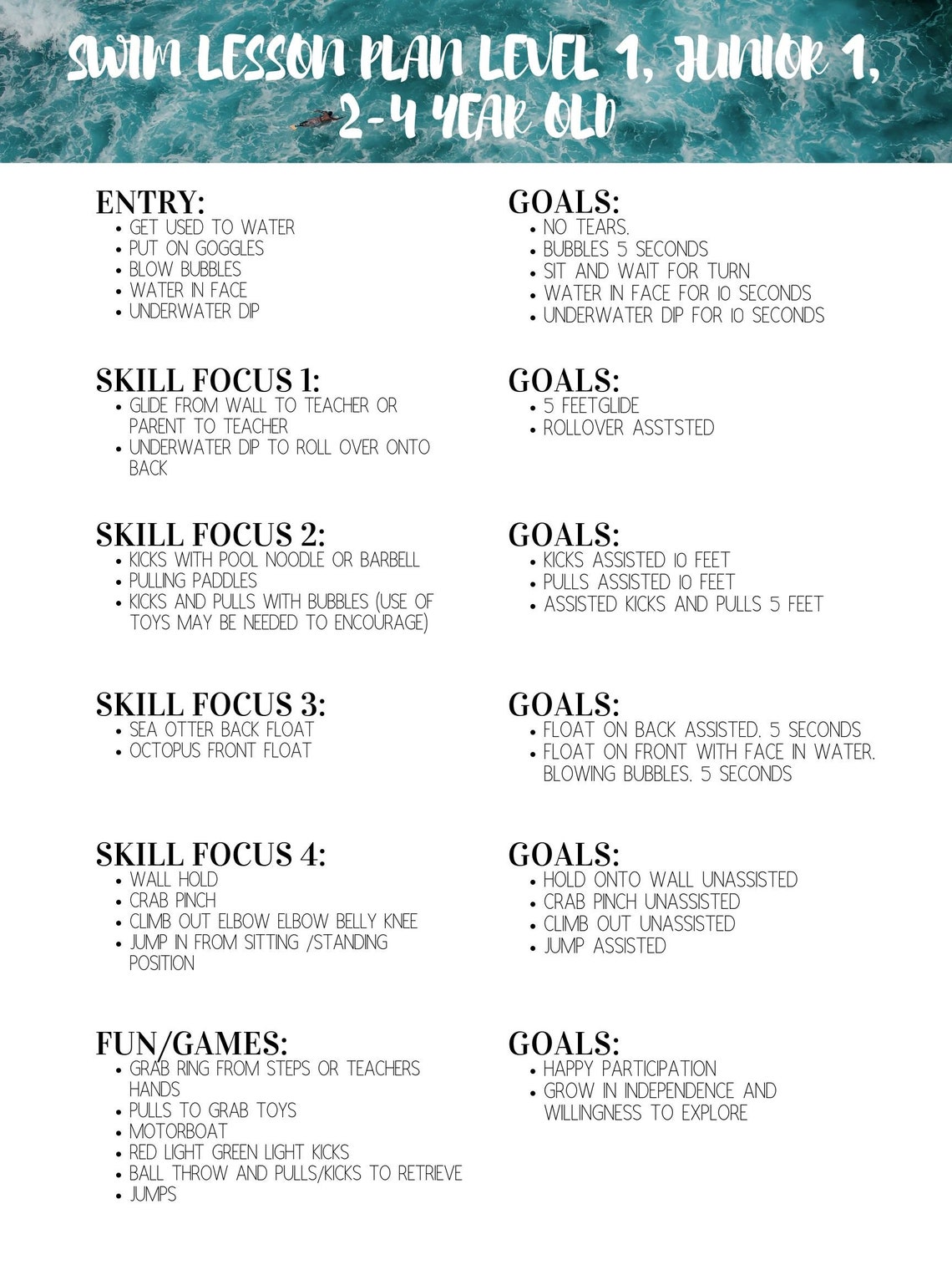 Swim Lesson Plan Minimalist 2-4 Year Old Beginner Junior Level Digital ...