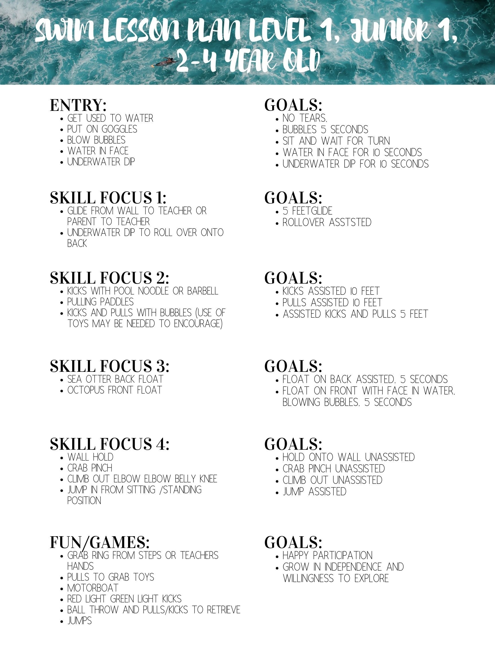 Swim Lesson Plan Minimalist 2-4 Year Old Beginner Junior Level Digital ...