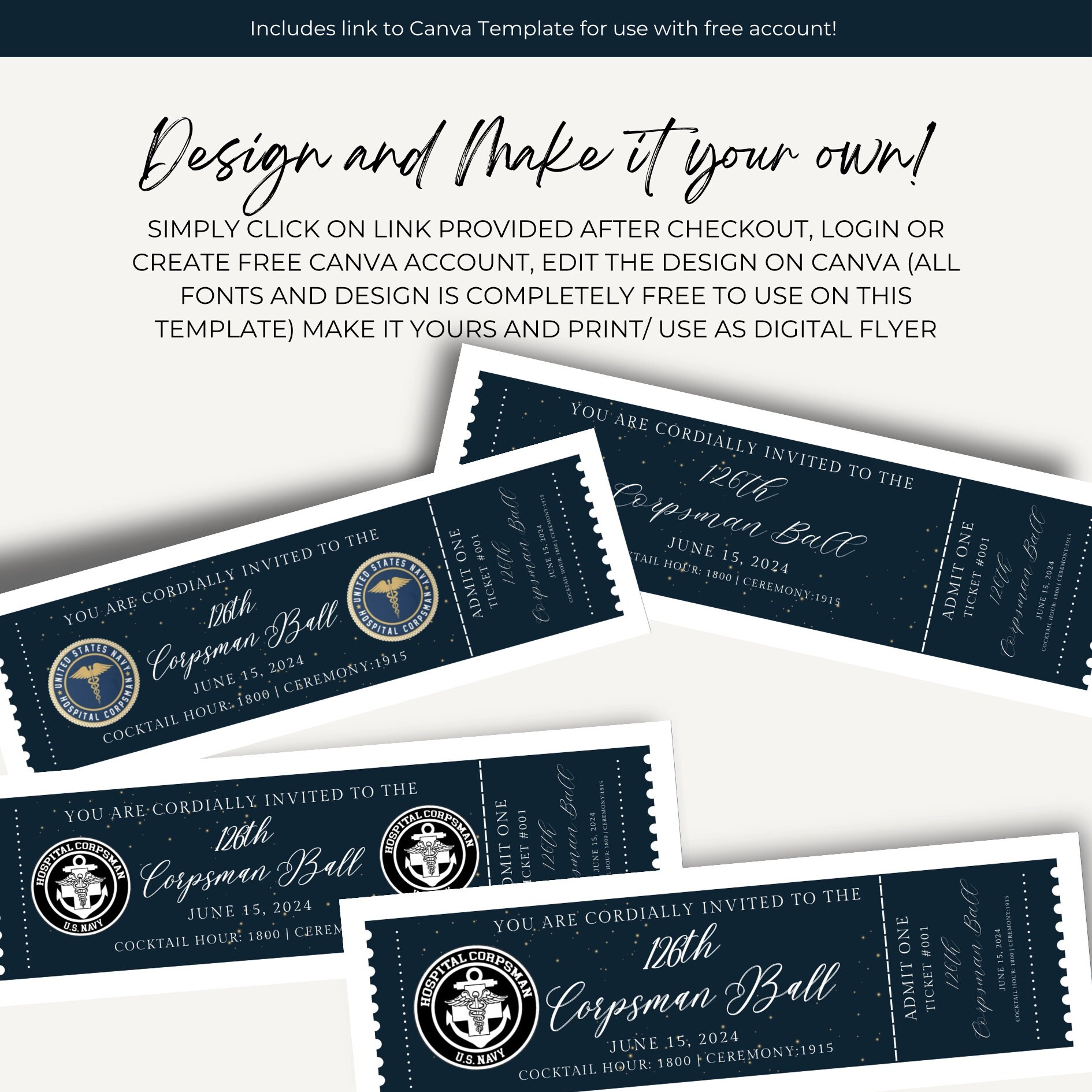 Corpsman Ball Ticket Template Military Ball Blue and Gold Navy Tickets ...