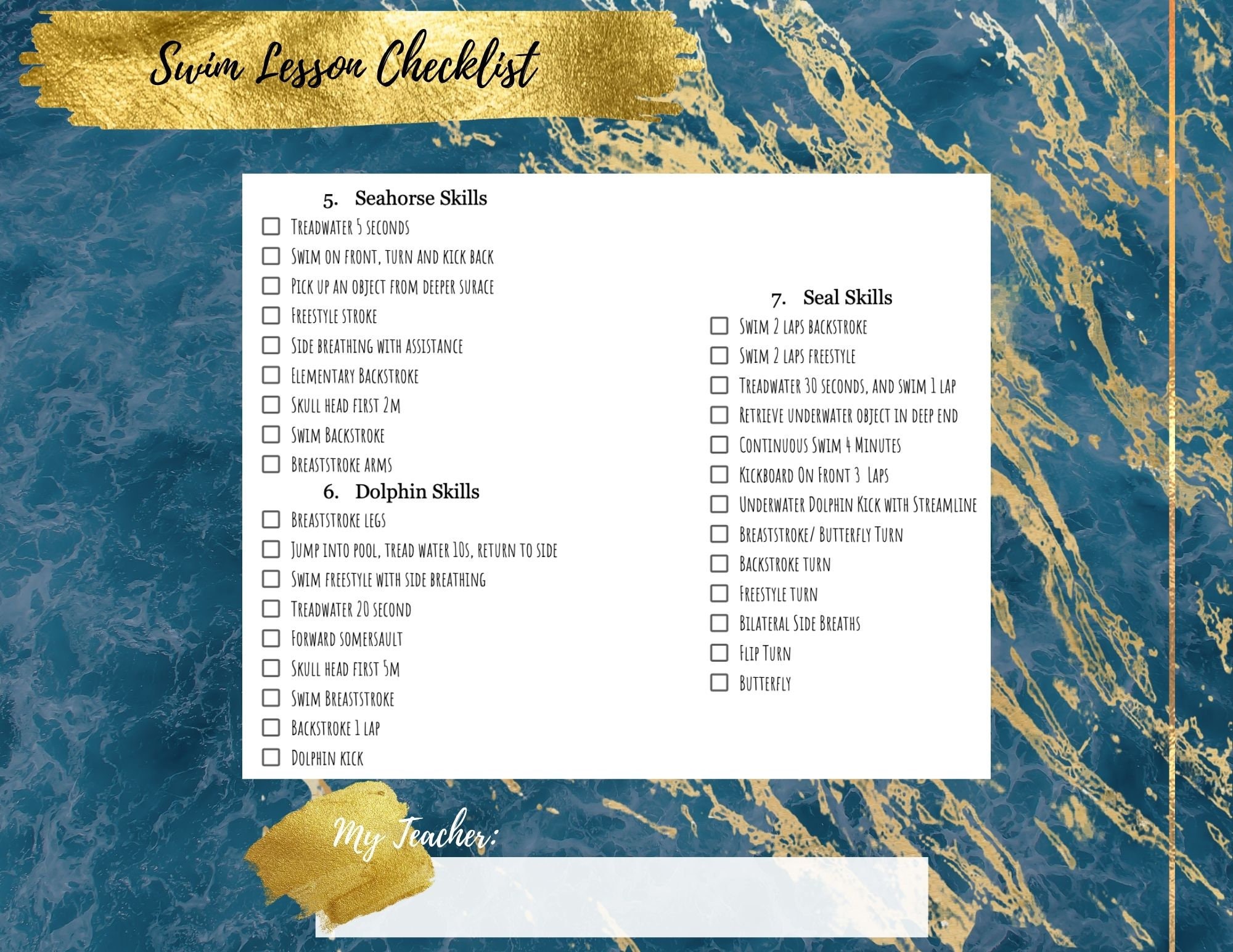 Complete Swim Lesson Certificate Checklist Private or Group Swimming ...