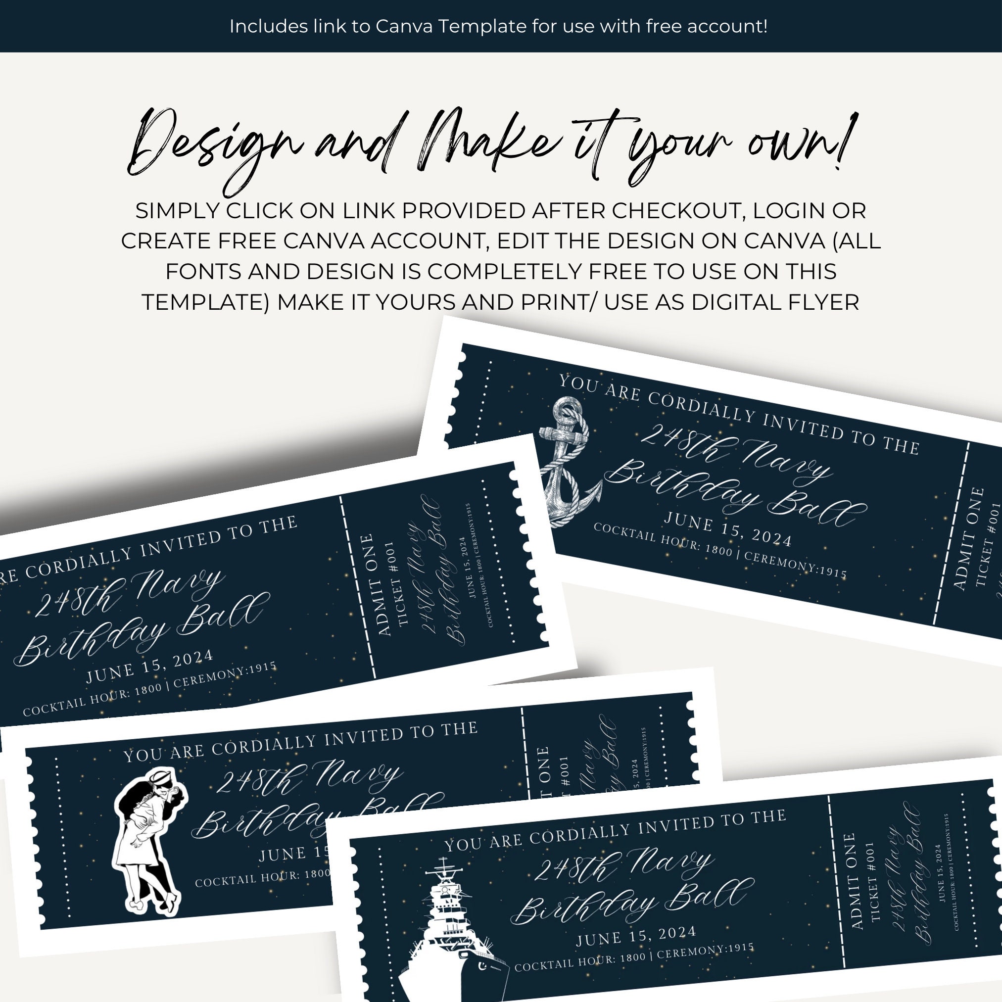 Navy Ball Ticket Template Mil Ball Corpsman HM MA Canva Editable Ball ...