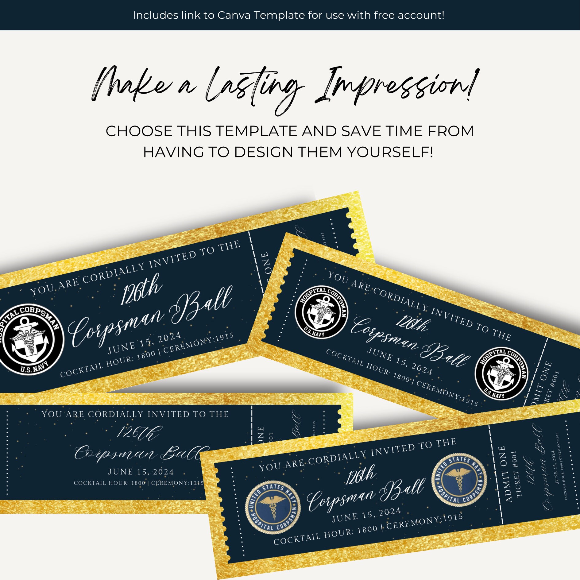 Corpsman Ball Ticket Template Military Ball Blue and Gold Navy Tickets ...