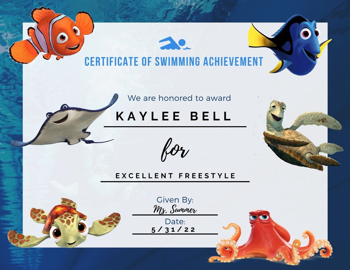 Swimming Certificate Swim Lesson Achievement Progress Editable Document ...