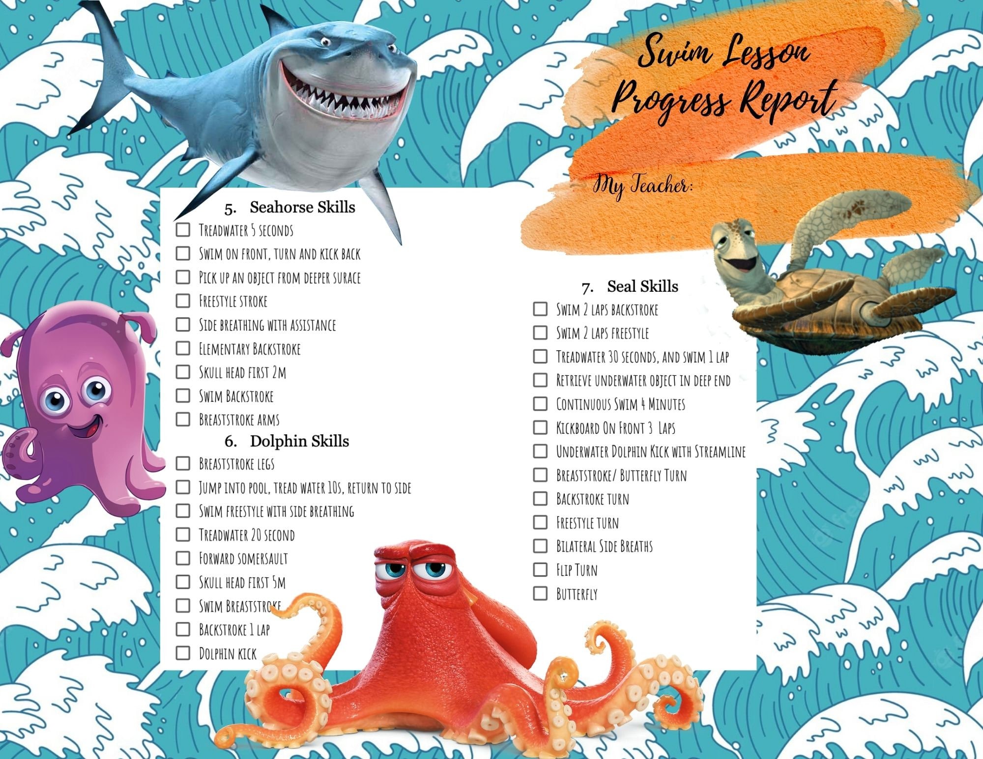 Swim Lesson Progress Report Card Certificate Checklist PDF Digital ...