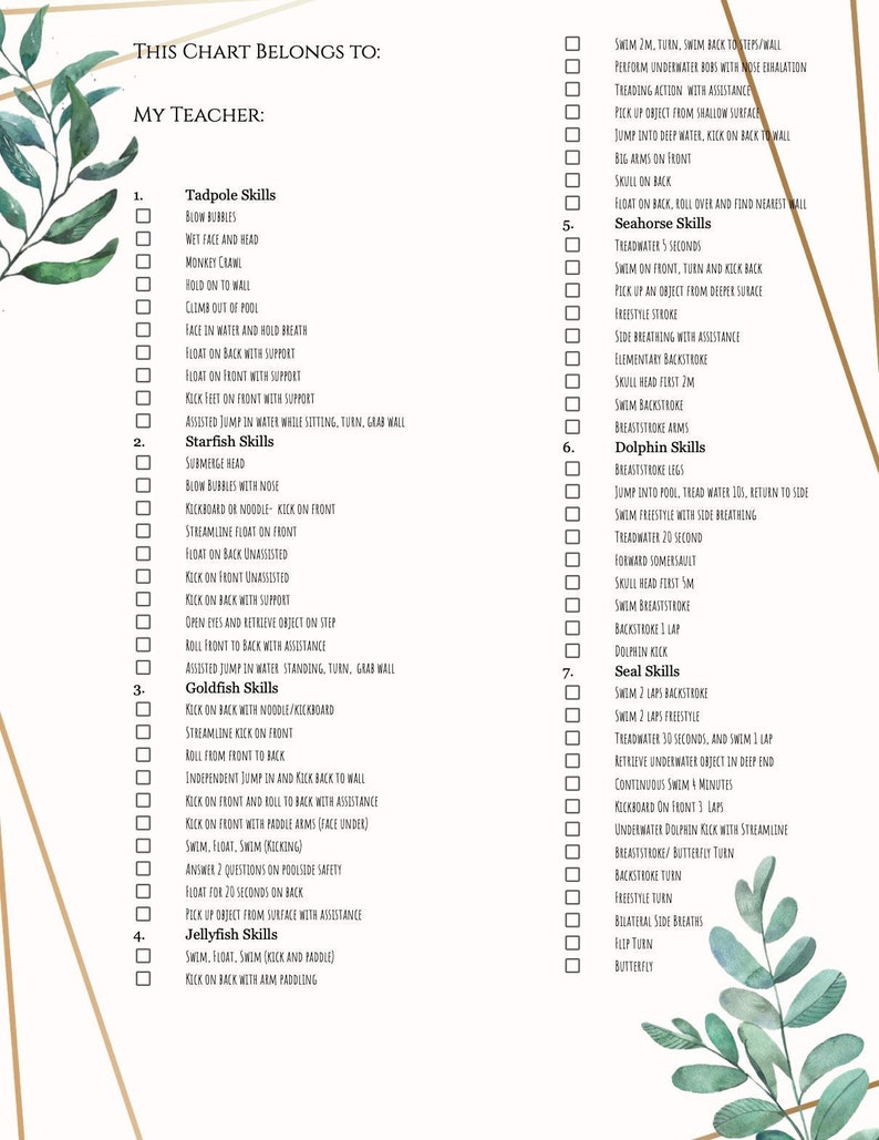 Swim Lesson Skills Chart Fillable Template Private or Public Swimming ...