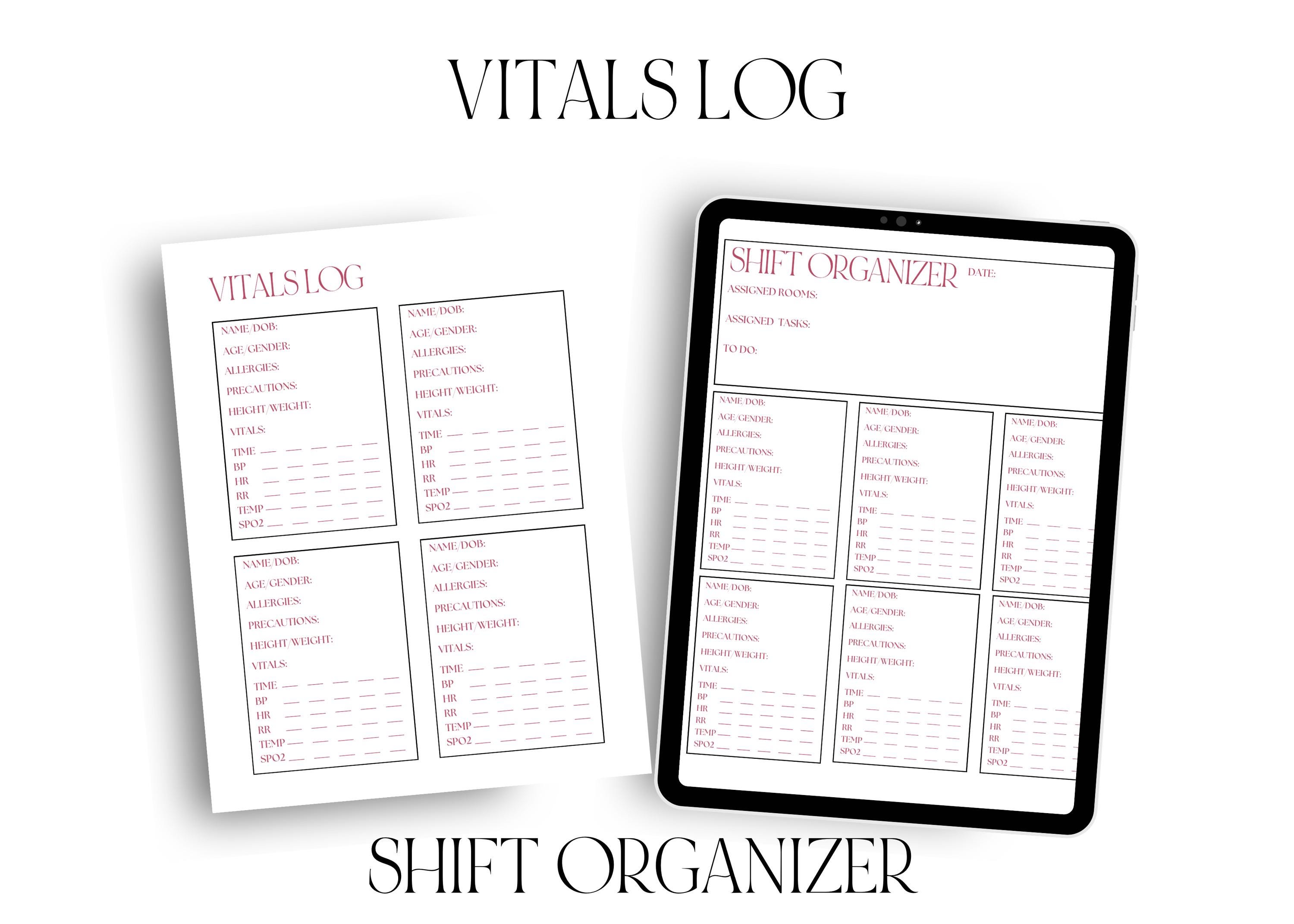 Vitals Log, Nurse Shift Organizer, CNA Shift Organizer, Shift Planning ...