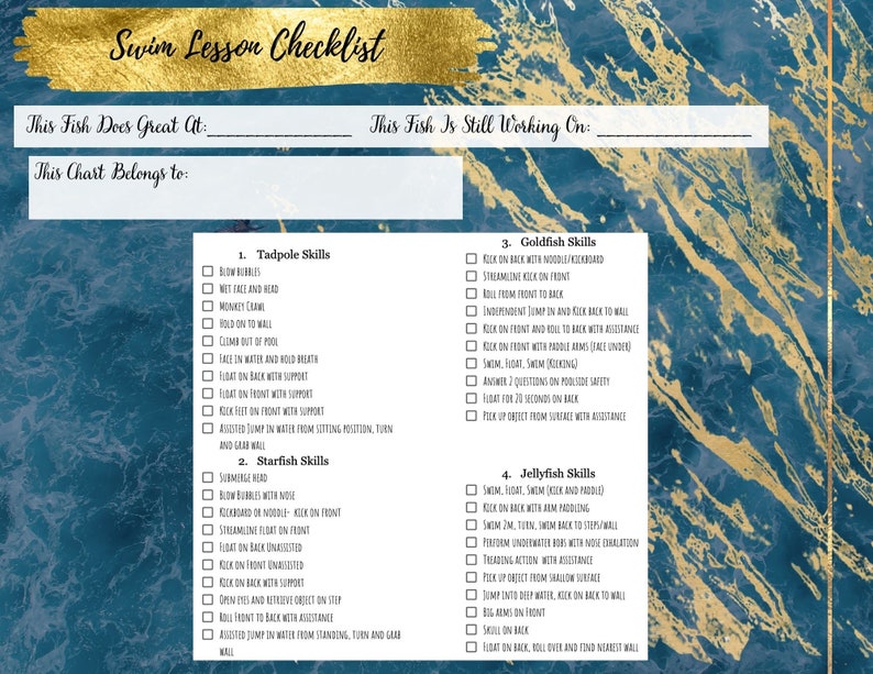 Complete Swim Lesson Certificate Checklist Private or Group Swimming ...