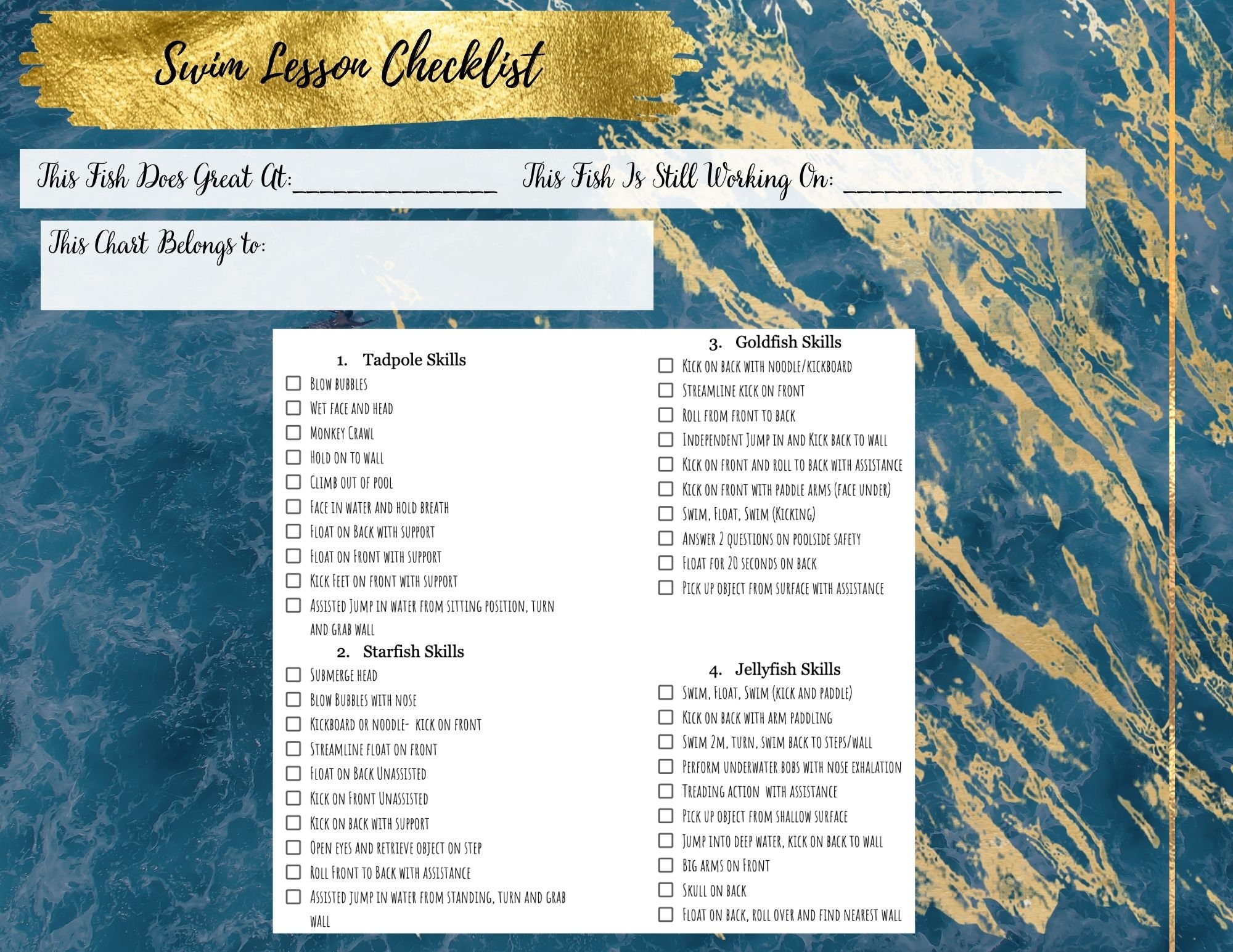 Complete Swim Lesson Certificate Checklist Private or Group Swimming ...