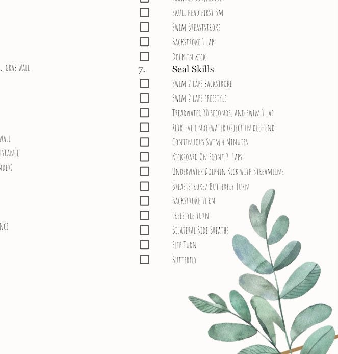 Swim Lesson Skills Chart Fillable Template Private or Public Swimming ...