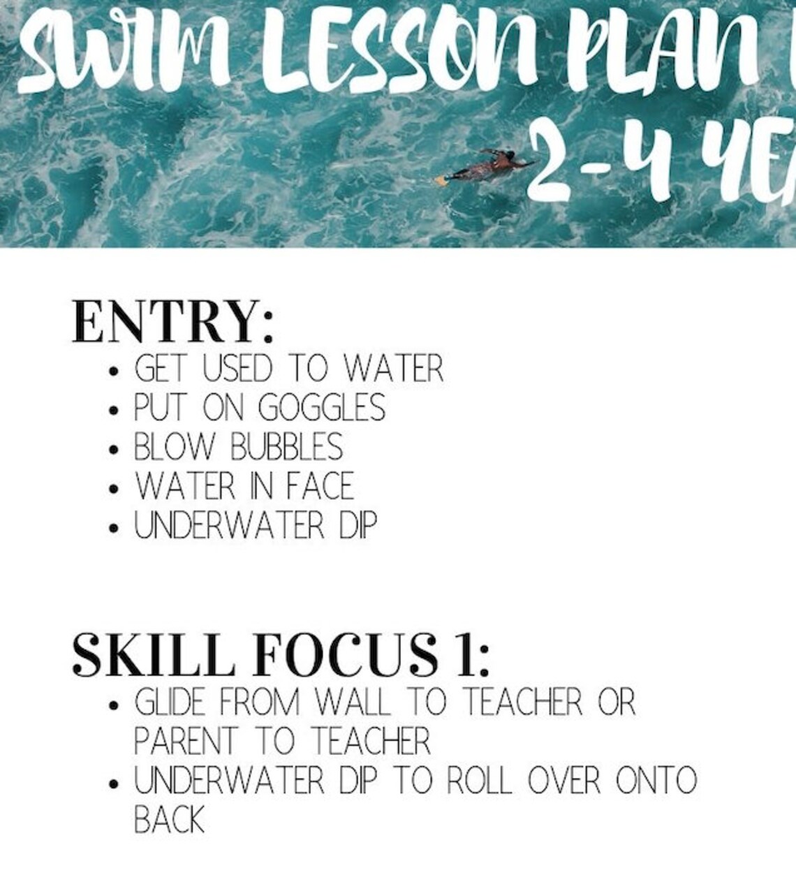 Swim Lesson Plan Minimalist 2-4 Year Old Beginner Junior Level Digital ...