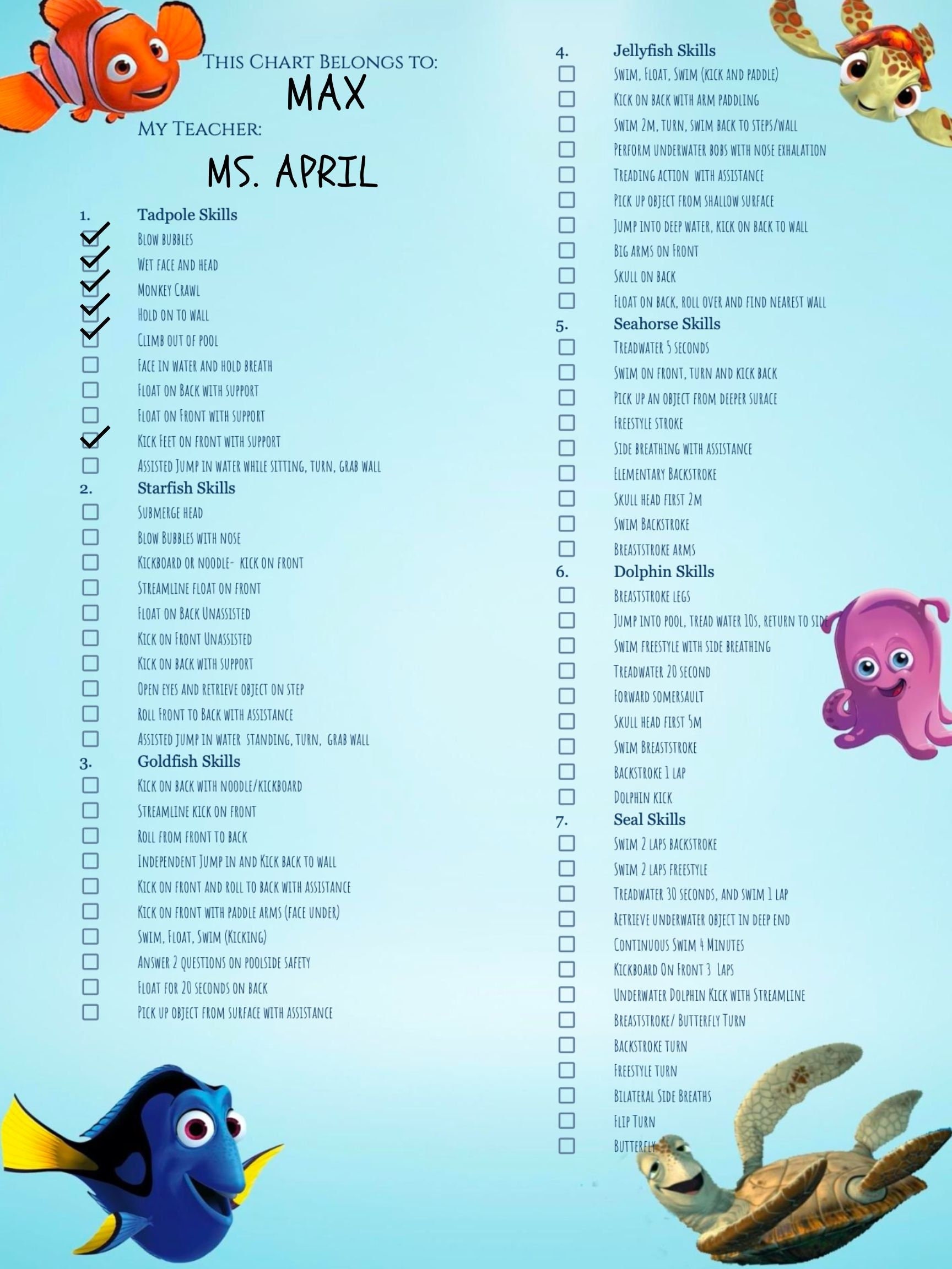 Swim Lesson Skills Chart Complete Sunsational Swim Lessons Swimming ...