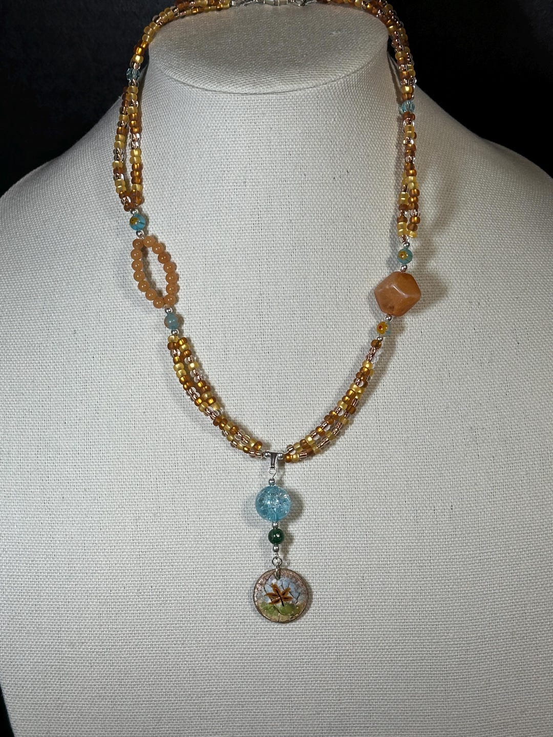 Eclectic Estate Bead Necklace, Marble Quartz, Painted Wood Charm, 19 ...
