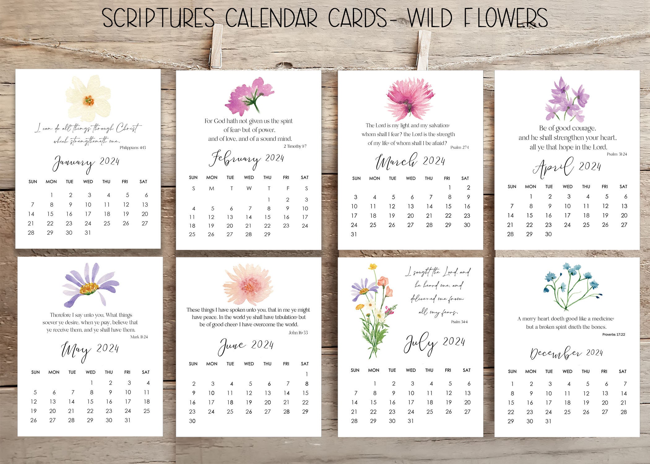 2024 Calendar Desk Scripture, PRINTABLE Bible Verse Calendar Cards ...