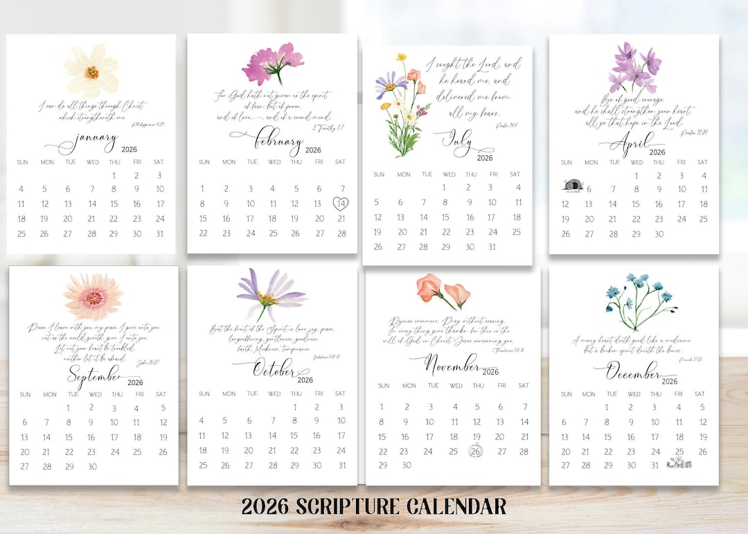 2026 Scripture Calendar, Christian Printable Calendar With Bible Verses ...