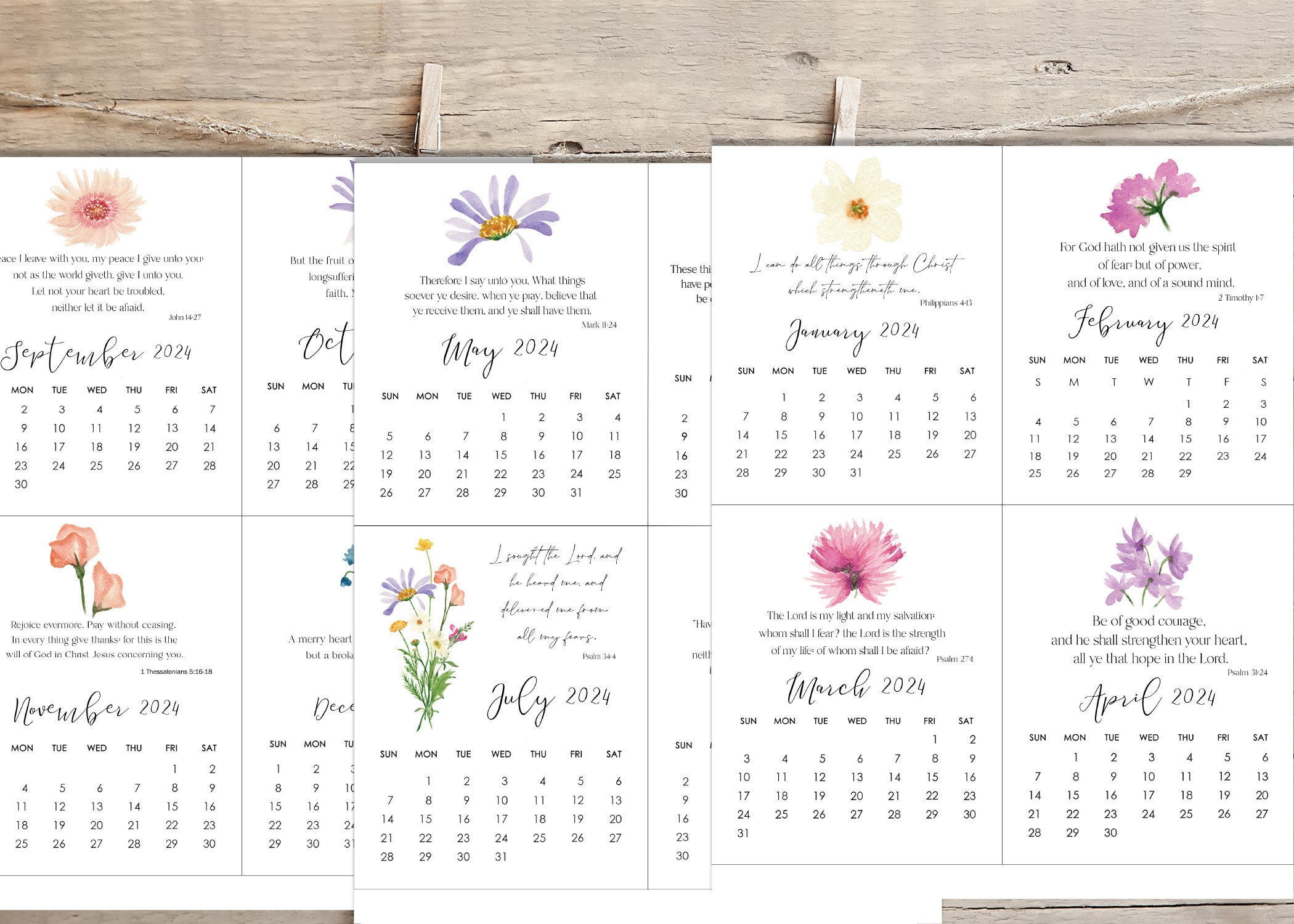 2024 Calendar Desk Scripture, PRINTABLE Bible Verse Calendar Cards ...