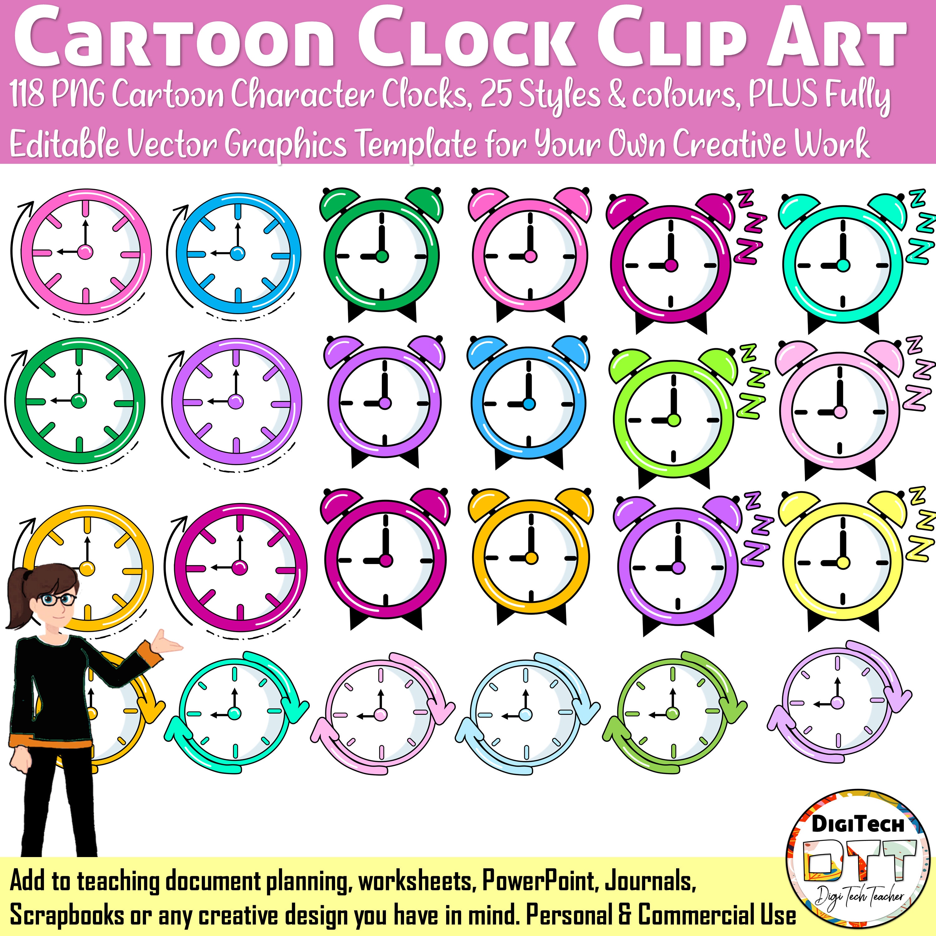 Cute Cartoon Character Clock Clipart, Teacher Clipart, Wall Clock ...