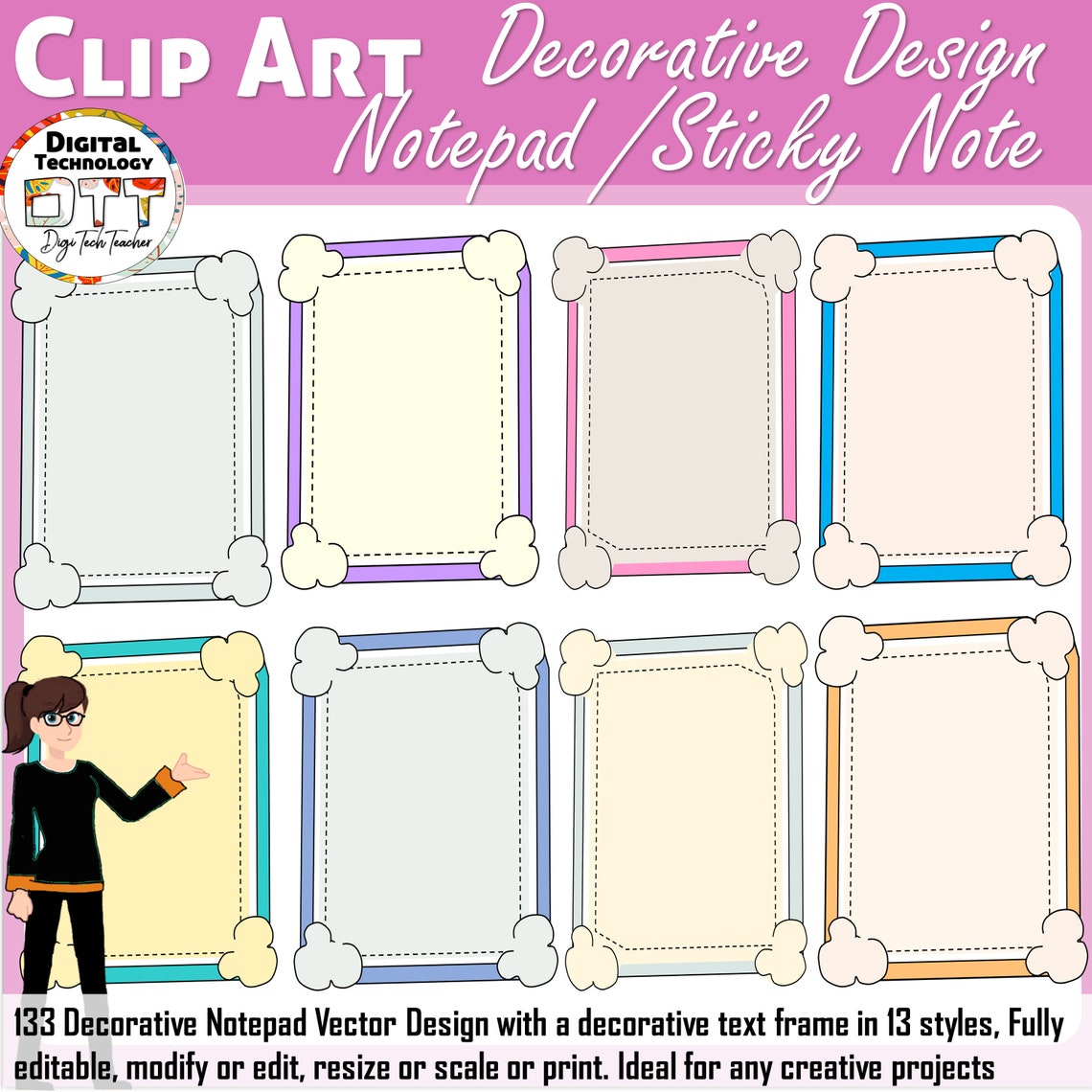 Decorative Notepad Clipart, Decorative Sticky Note Clipart Design ...