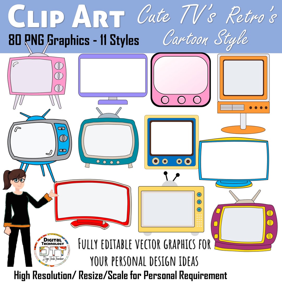 Retro TV Clipart: Cartoon Vector Graphics, Teacher Resource (PNG ...