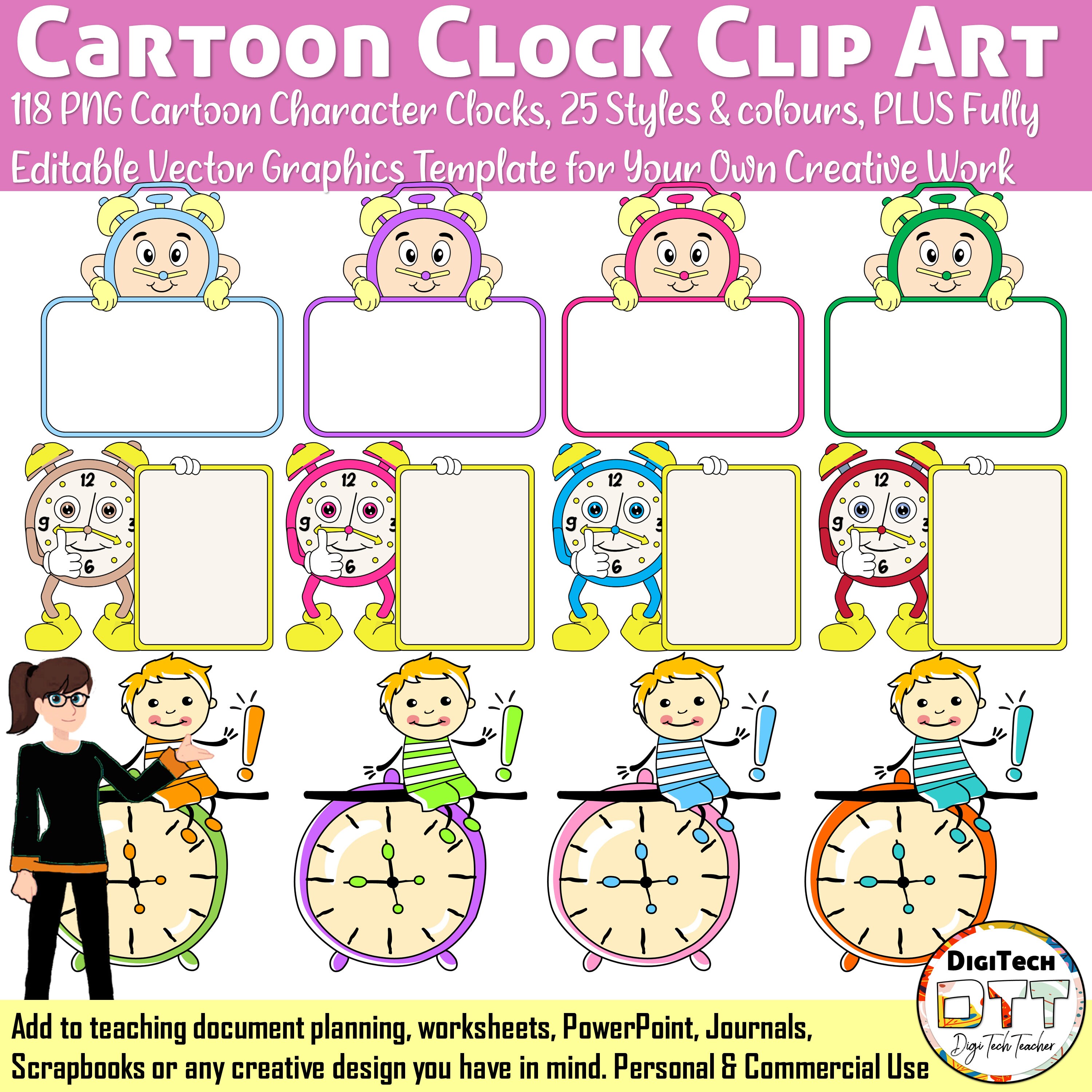 Cute Cartoon Character Clock Clipart, Teacher Clipart, Wall Clock ...