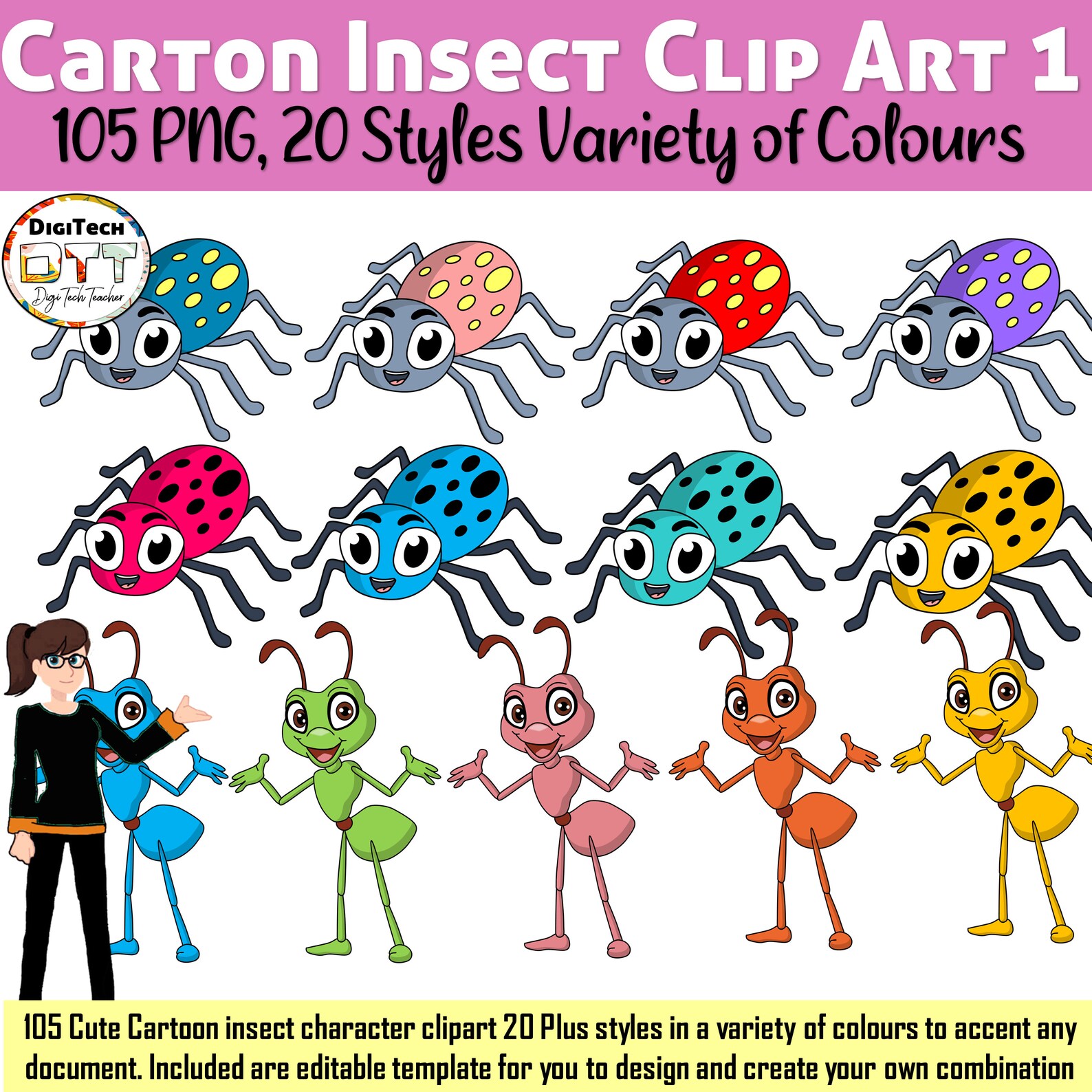 Cute Cartoon Insect Clip Art 1, Bug Vector Clipart, Insect PNG Images ...