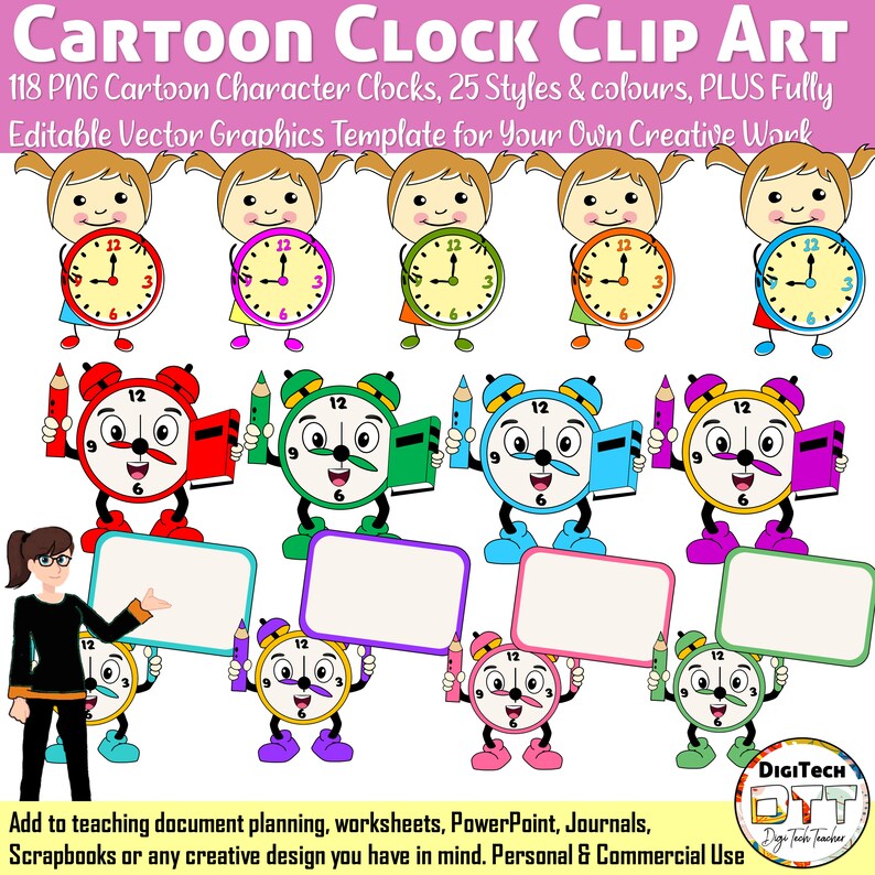 Cute Cartoon Character Clock Clipart, Teacher Clipart, Wall Clock ...