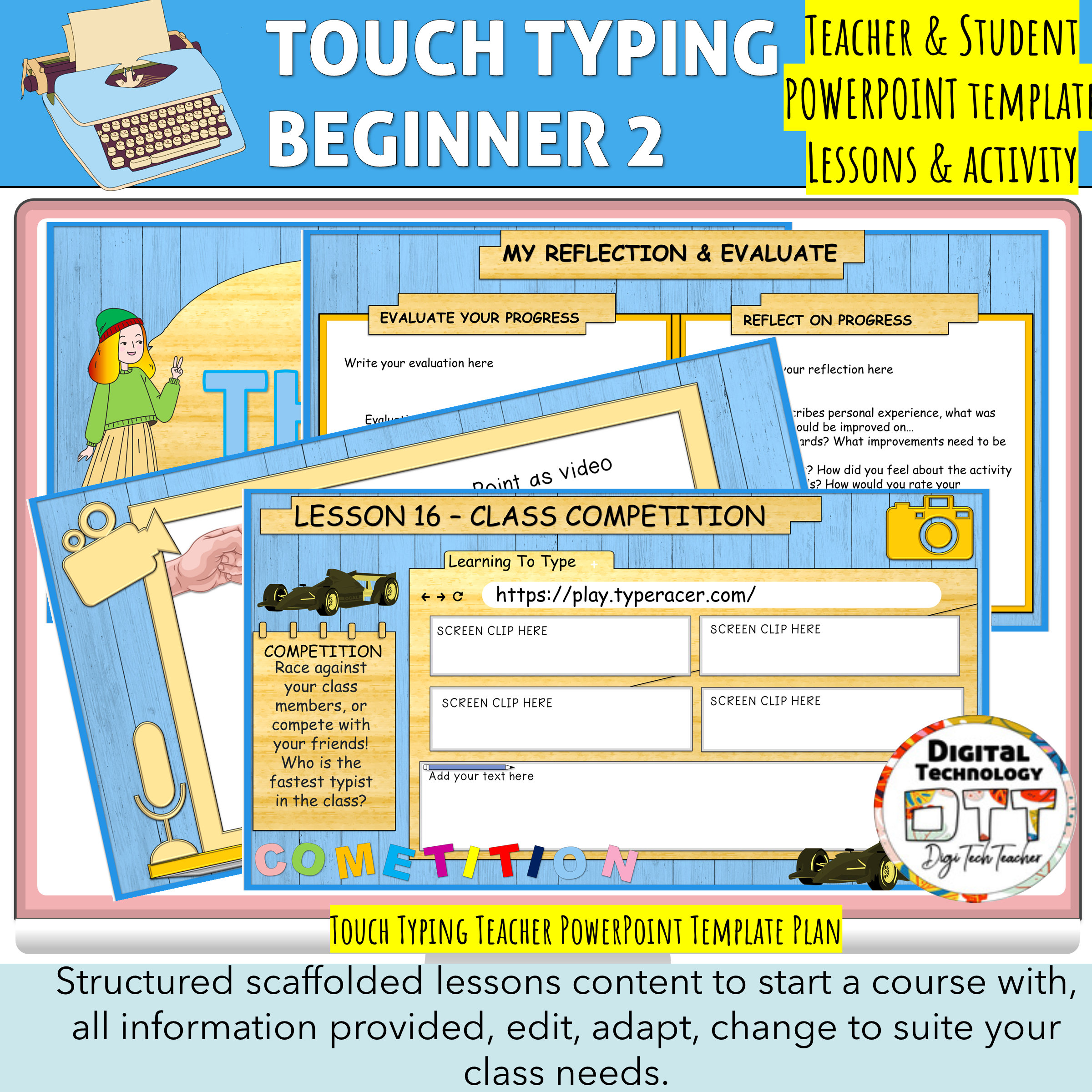 Touch Typing Beginner 2, Powerpoint Editable Template, Typing Lesson ...
