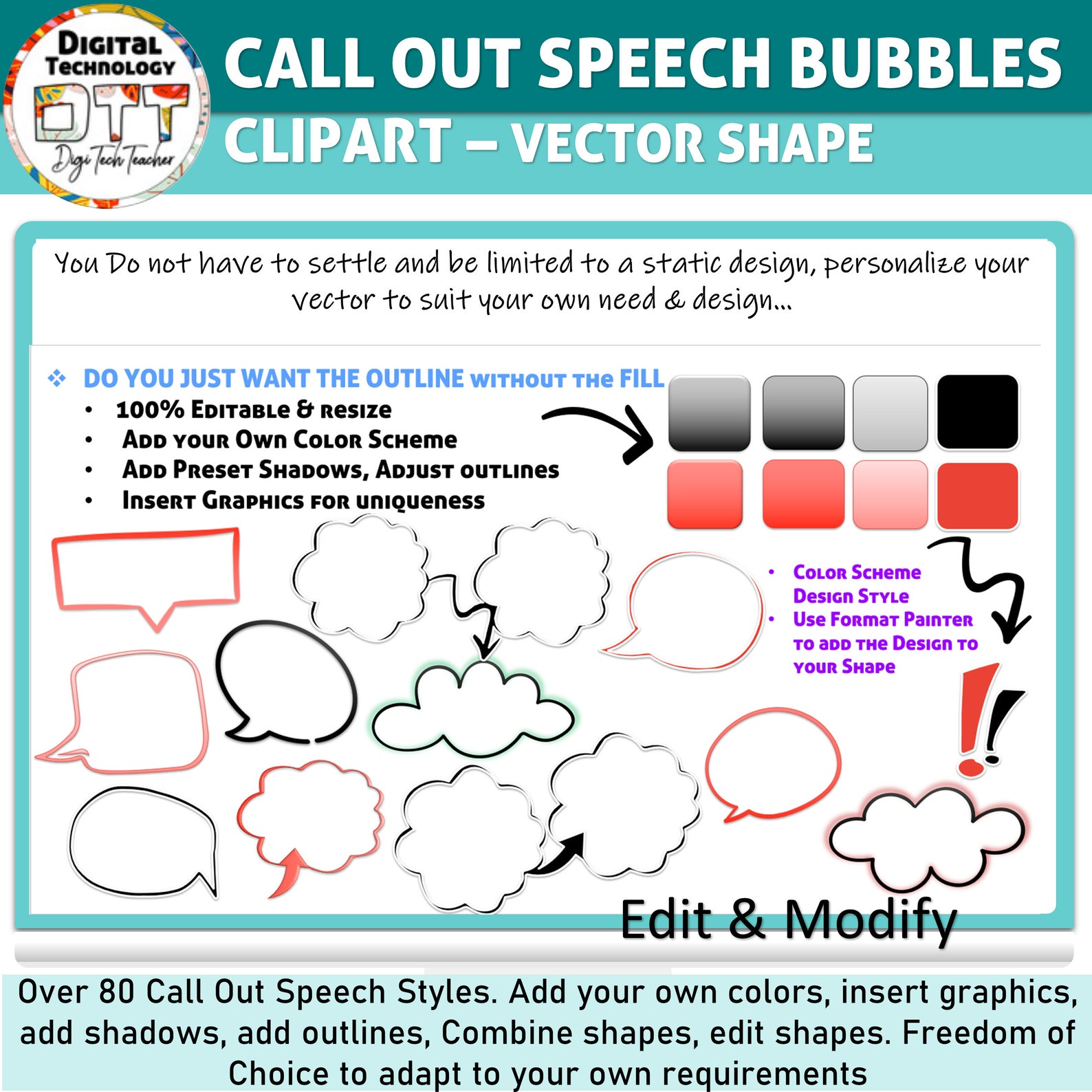 84 Clipart Bundle 7, Comic Call Outs, Comic Speech Bubble, Fully ...