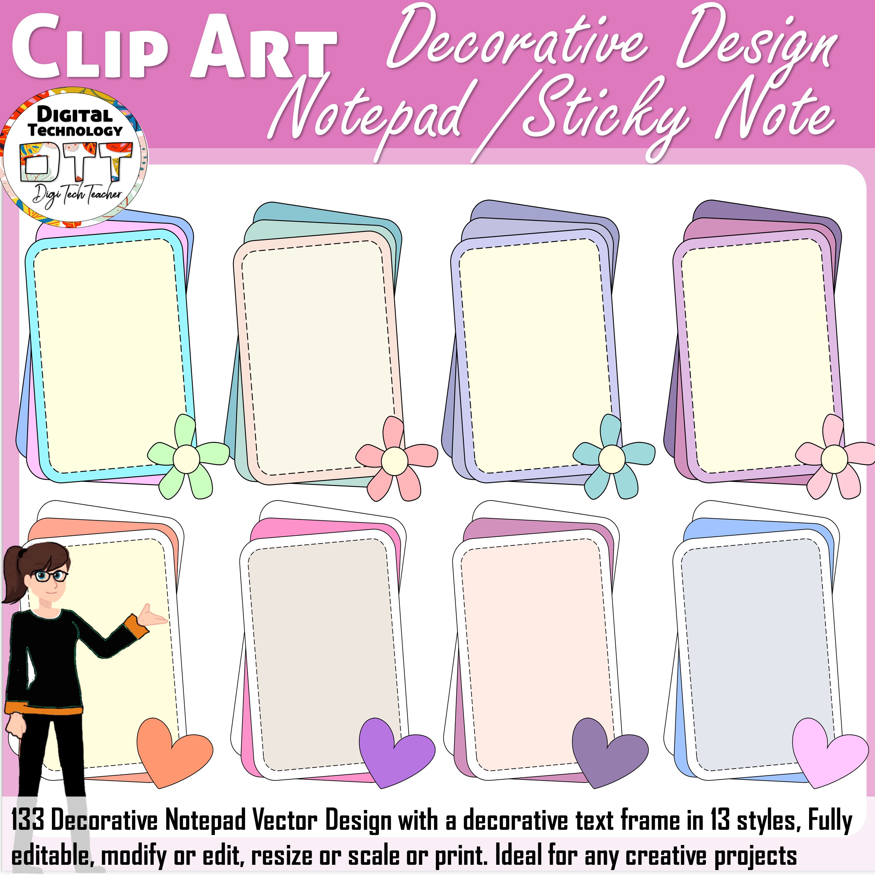 Decorative Notepad Clipart, Decorative Sticky Note Clipart Design ...