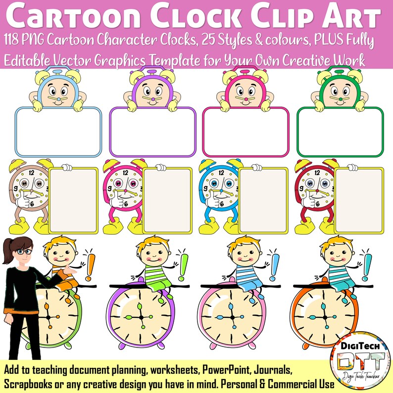 Cute Cartoon Character Clock Clipart, Teacher Clipart, Wall Clock ...