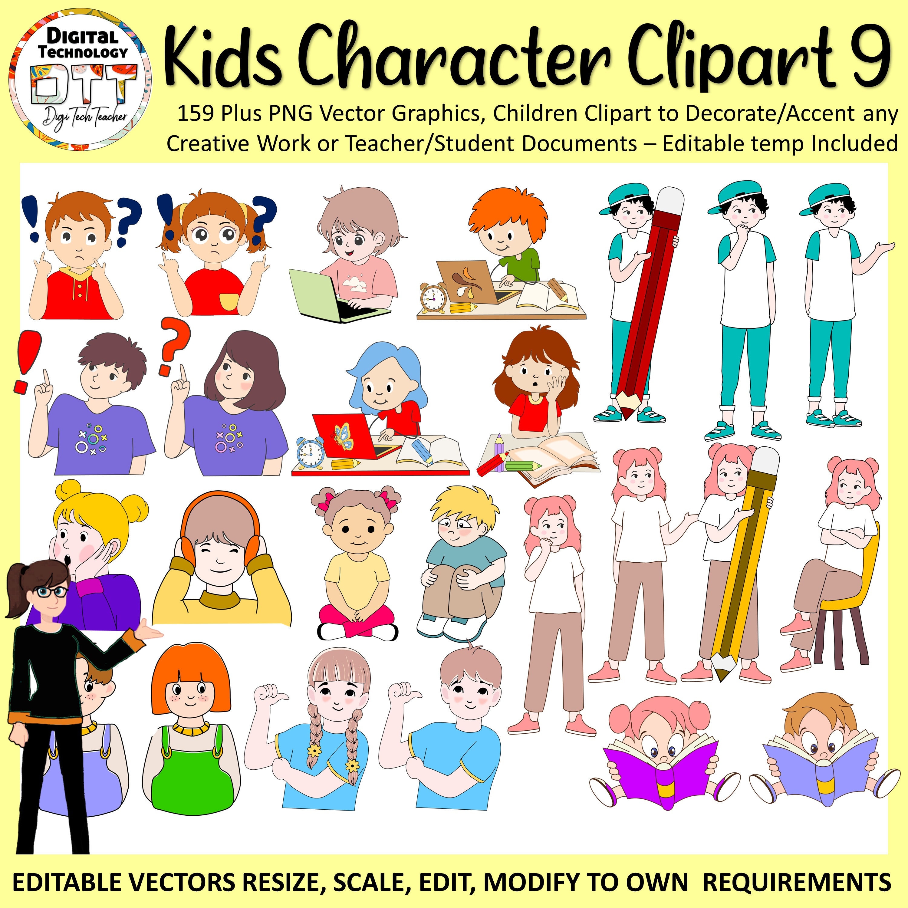 Kids Character Clipart: School PNG Graphics (editable Template) - Etsy