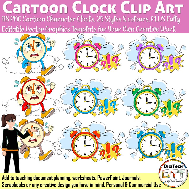 Cute Cartoon Character Clock Clipart, Teacher Clipart, Wall Clock ...