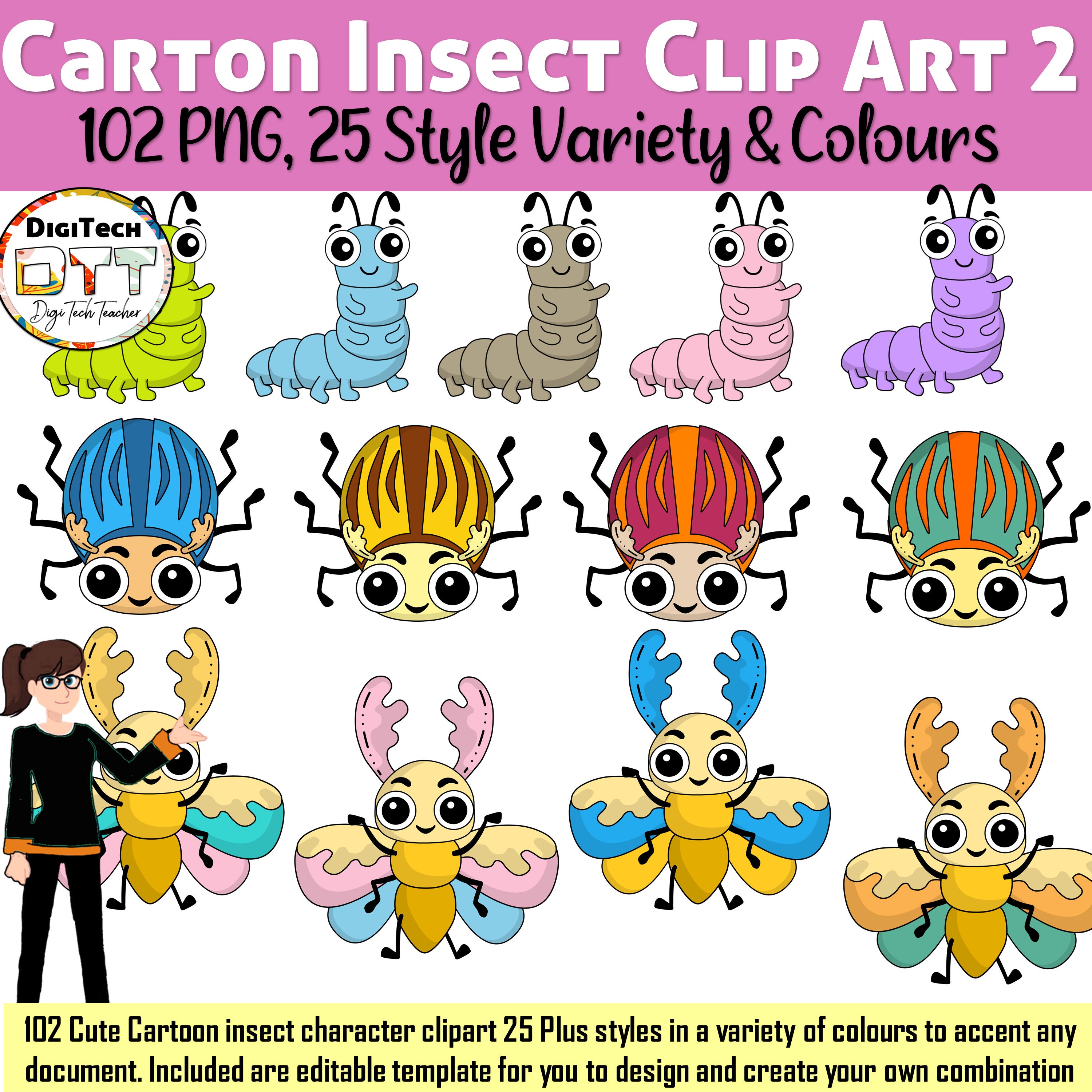 Hand Drawn Cute Cartoon Insect Vector Designs Clip Art 2, Playfull ...